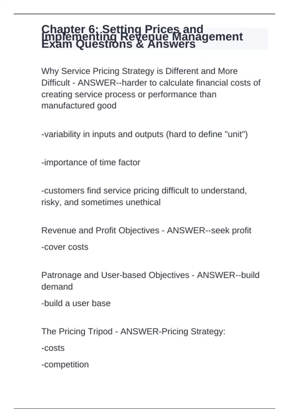 Chapter 6: Setting Prices and Implementing Revenue Management Exam Questions & Answers - Chapter ...