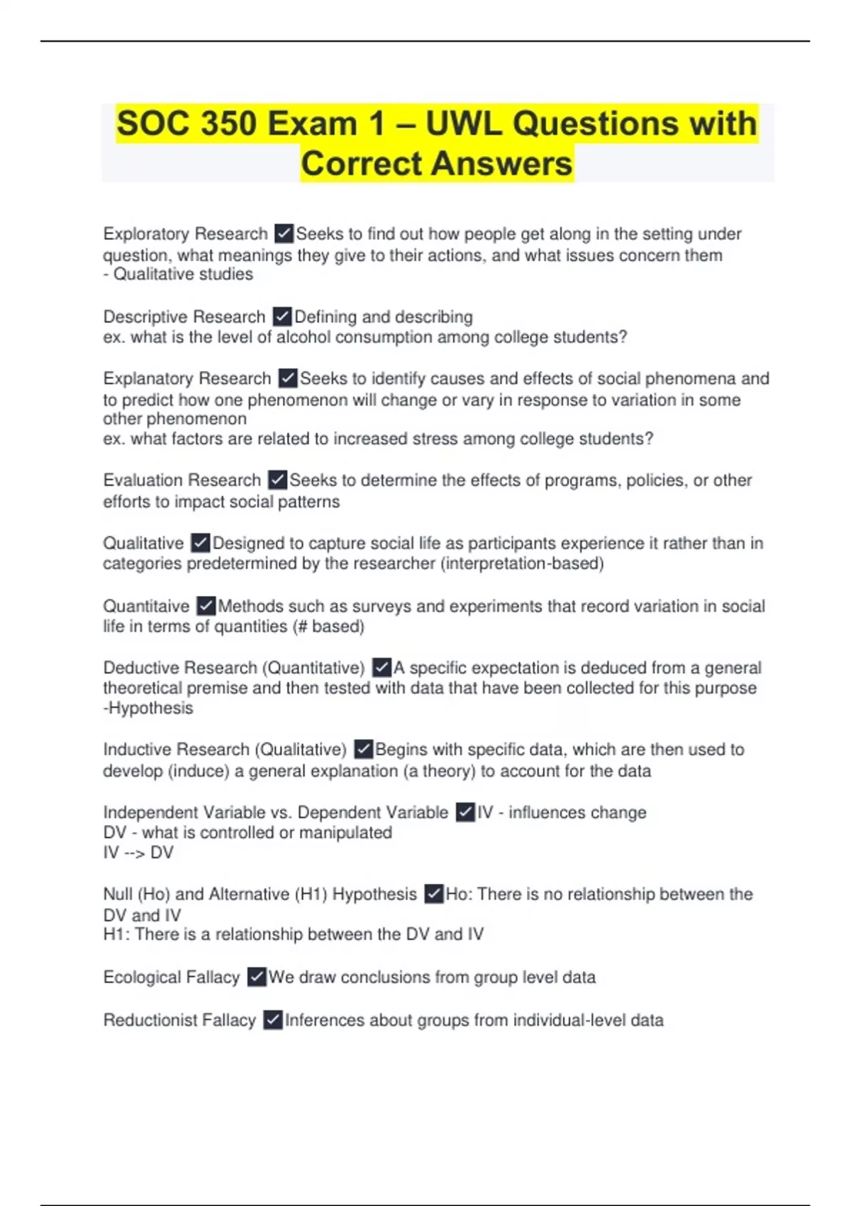SOC 350 Exam 1 – UWL Questions with Correct Answers - SOC 350 - Stuvia US