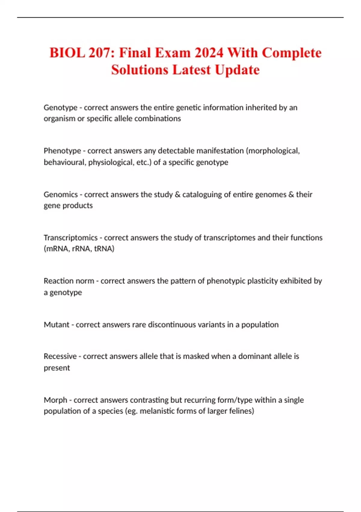 BIOL 207 Final Exam 2024 With Complete Solutions Latest Update - BIO ...