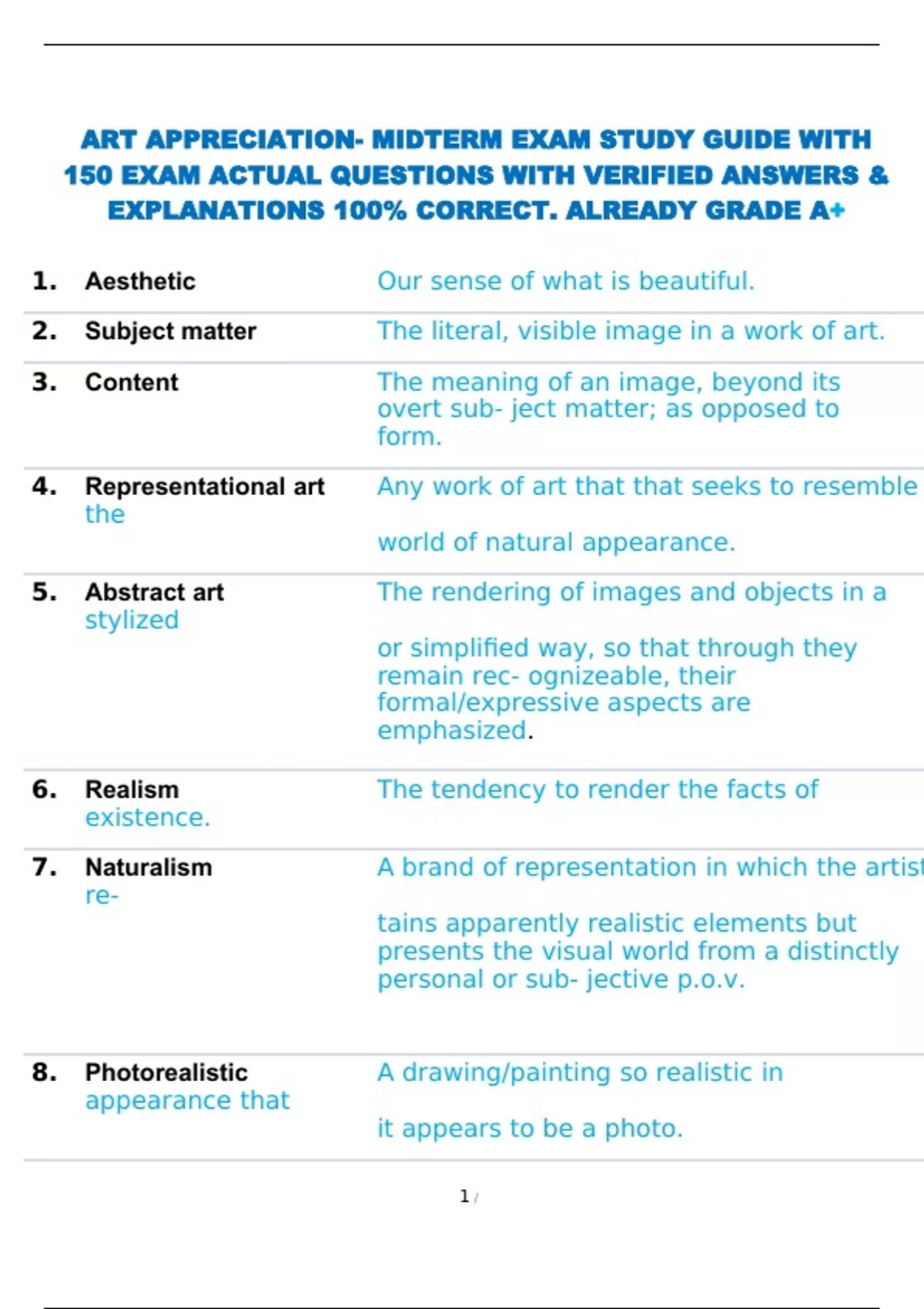 ART APPRECIATION- MIDTERM EXAM STUDY GUIDE WITH 150 EXAM ACTUAL ...