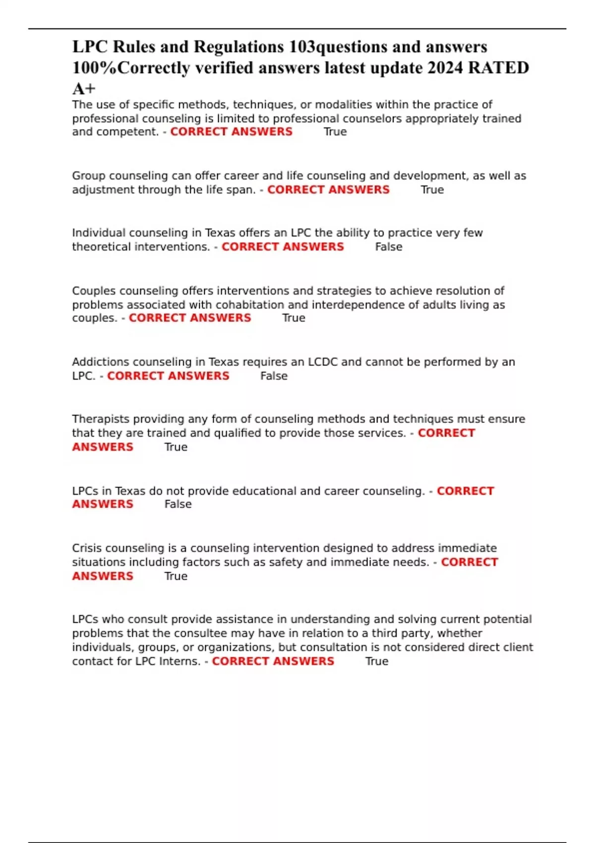 LPC Rules and Regulations 103questions and answers 100%Correctly ...