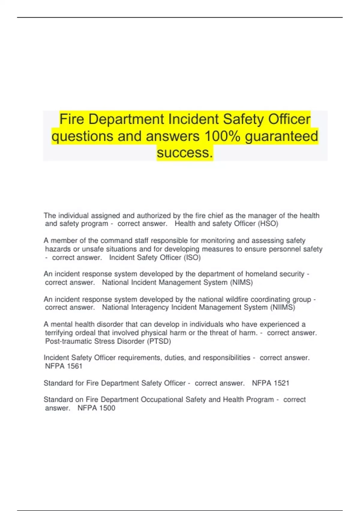 Fire Department Incident Safety Officer questions and answers 100% ...