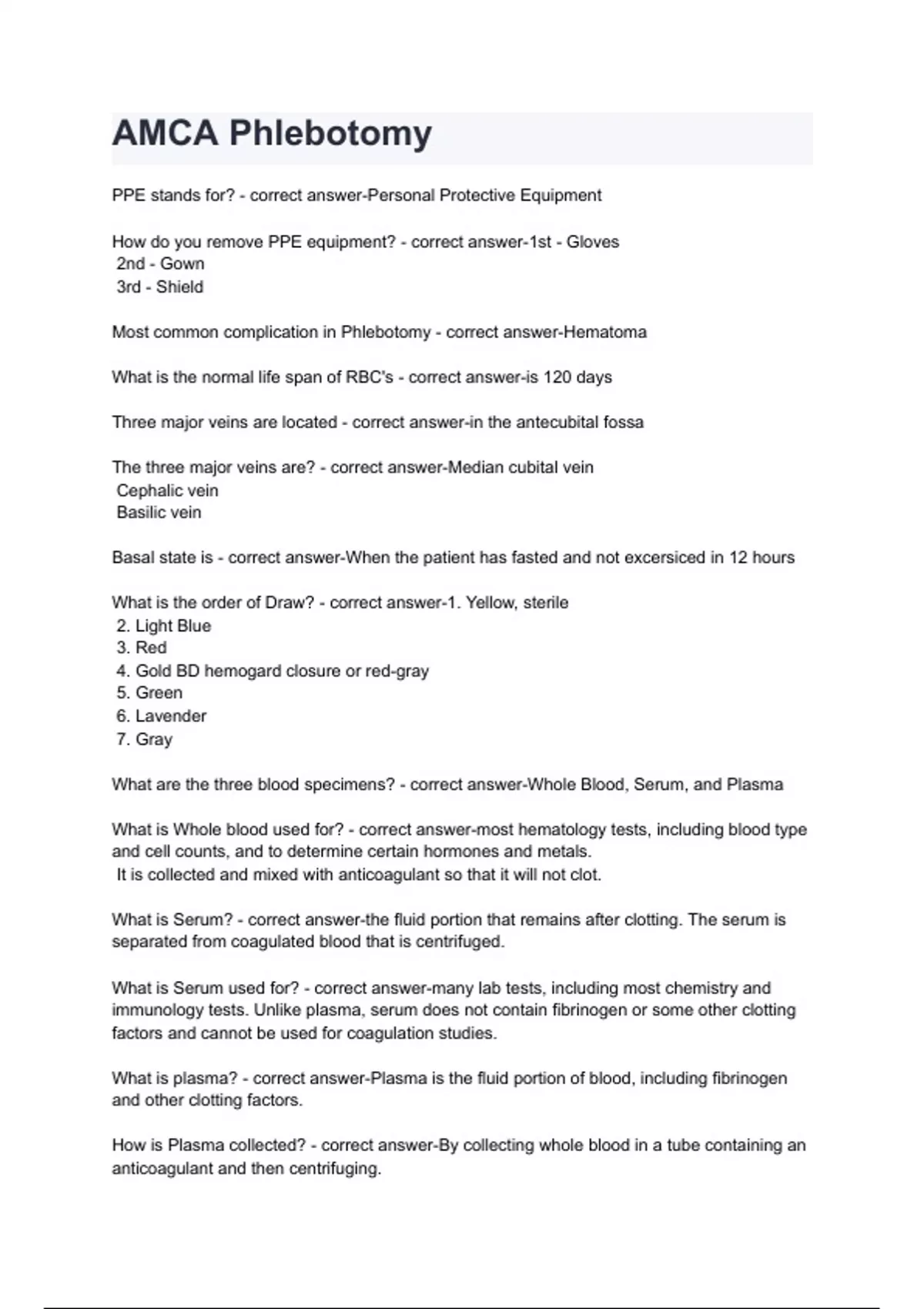 AMCA Phlebotomy Questions with 100% Actual correct answers | verified ...