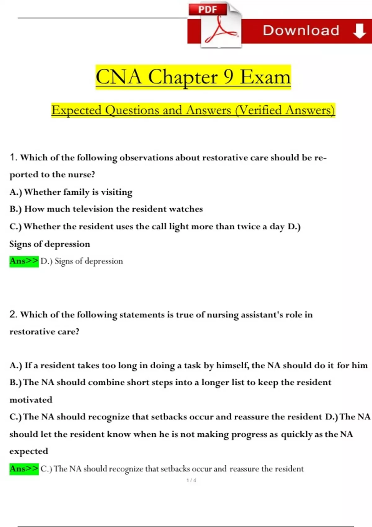 CNA Chapter 9 Exam Questions and Answers (2025 / 2026) (Verified Answers) - 2024 CNA - Stuvia US