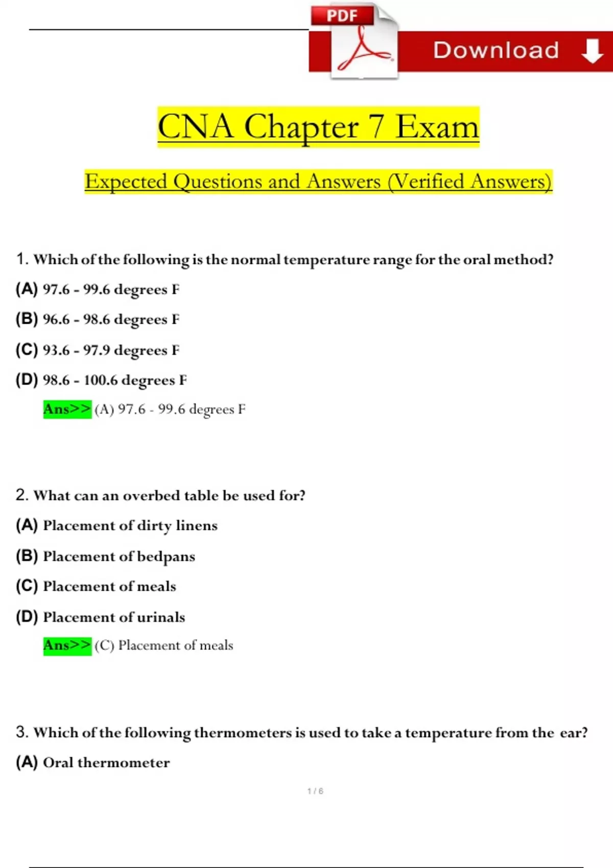 CNA Chapter 7 Exam Questions and Answers (2024 / 2025) (Verified ...