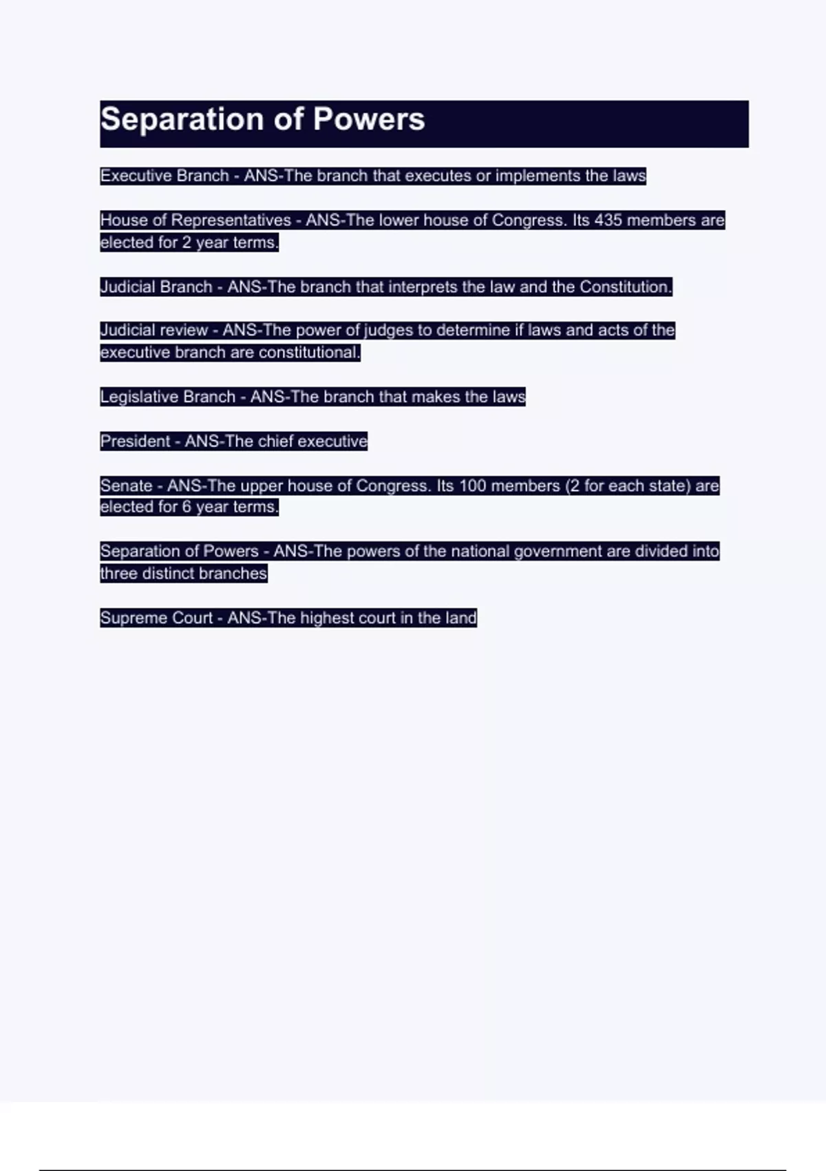 Separation of Powers Questions with 100% Actual correct answers ...