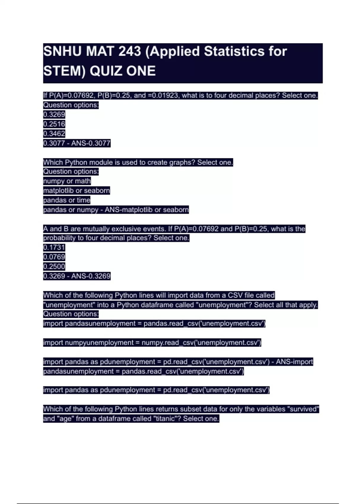 SNHU MAT 243 (Applied Statistics for STEM) QUIZ ONE Questions with 100% Actual correct answers ...