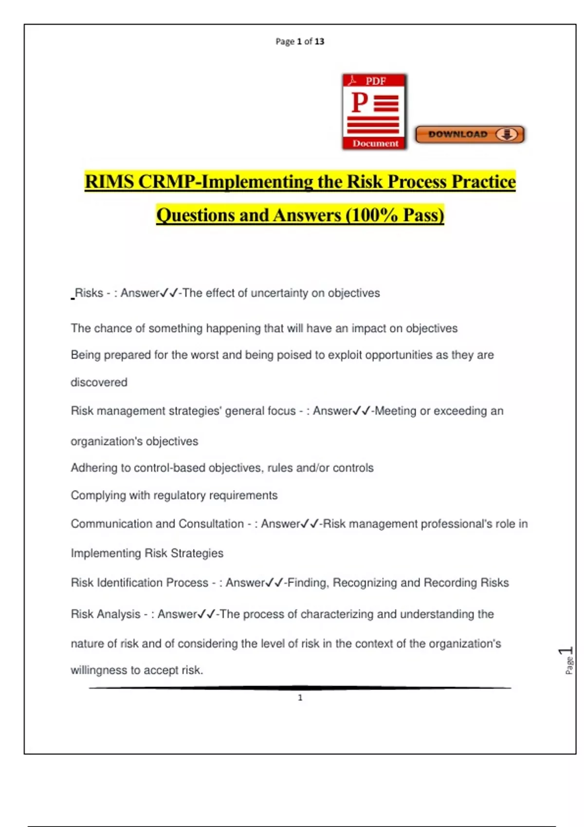 RIMS CRMP-Implementing the Risk Process Practice Questions and Answers ...