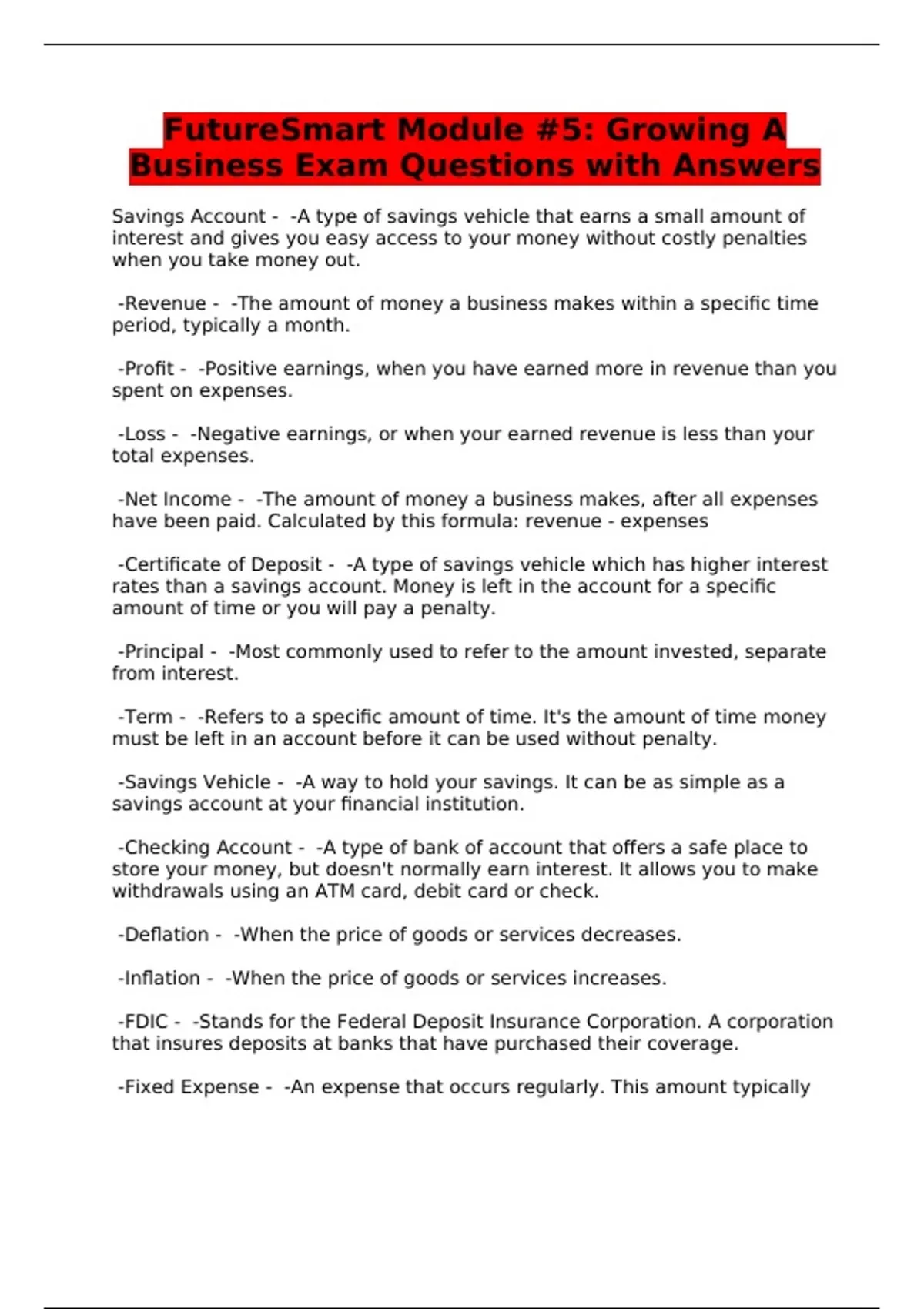 FutureSmart Module #5: Growing A Business Exam Questions with Answers ...