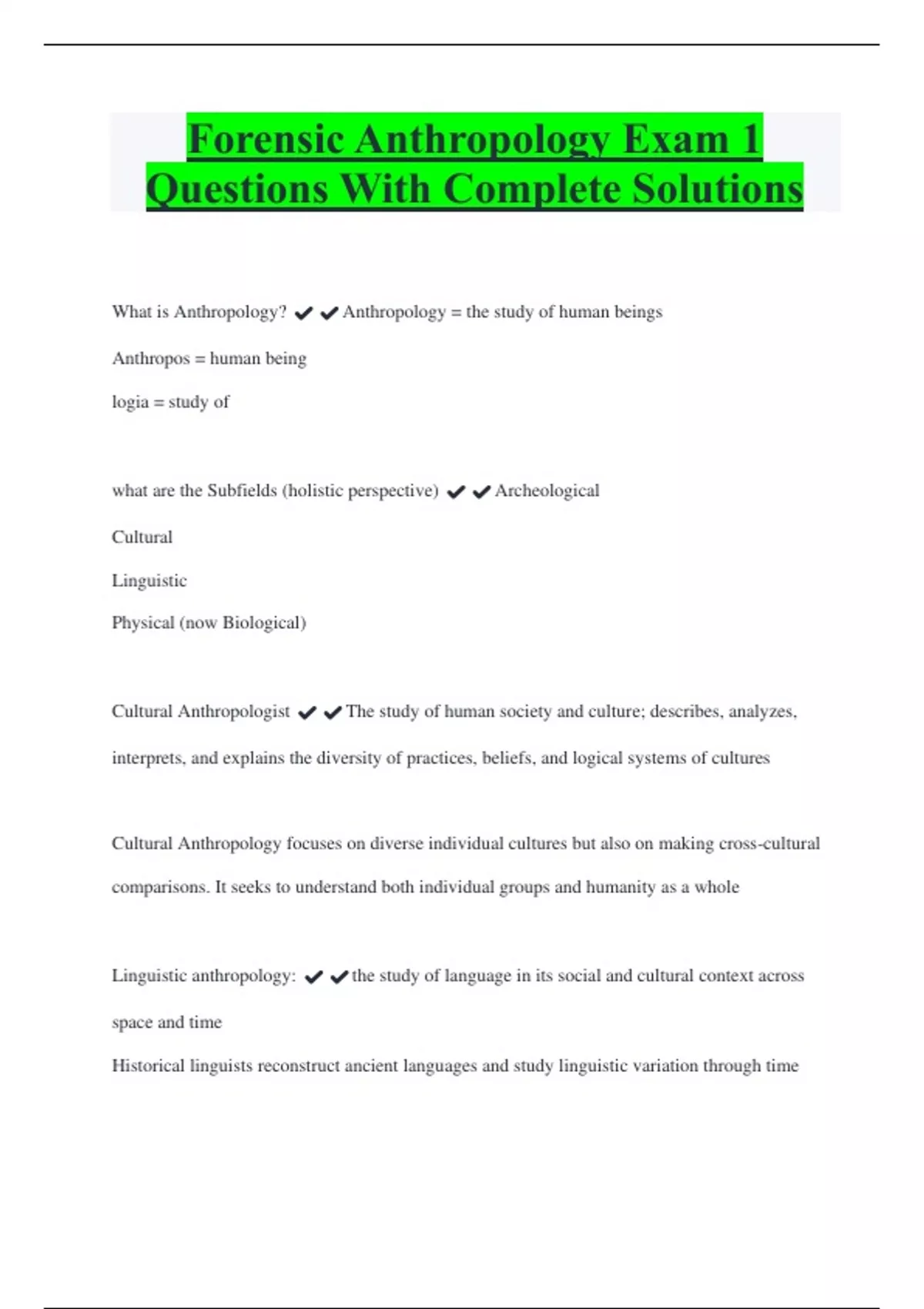 Forensic Anthropology Exam 1 Questions With Complete Solutions ...