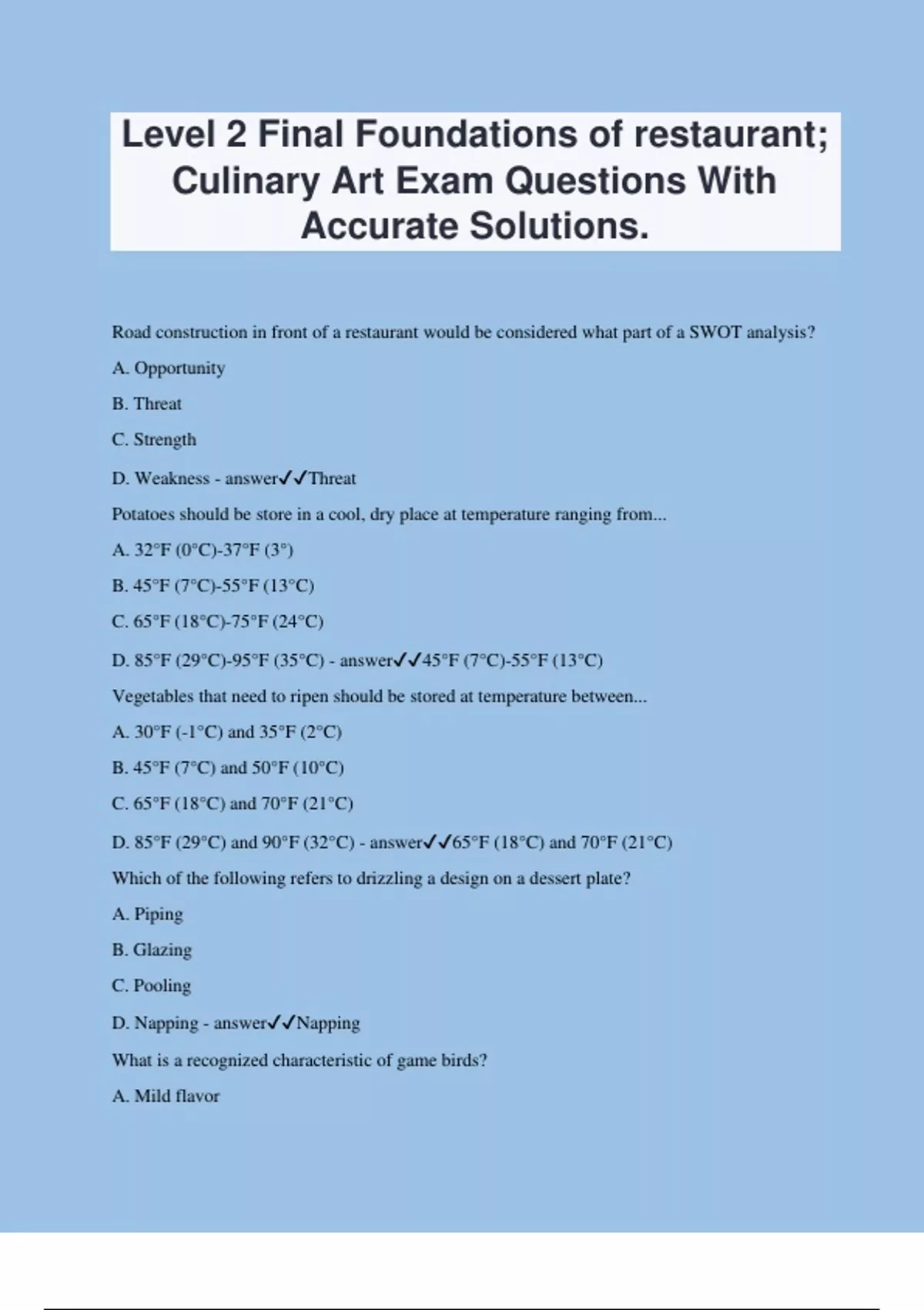 Level 2 Final Foundations of restaurant; Culinary Art Exam Questions ...