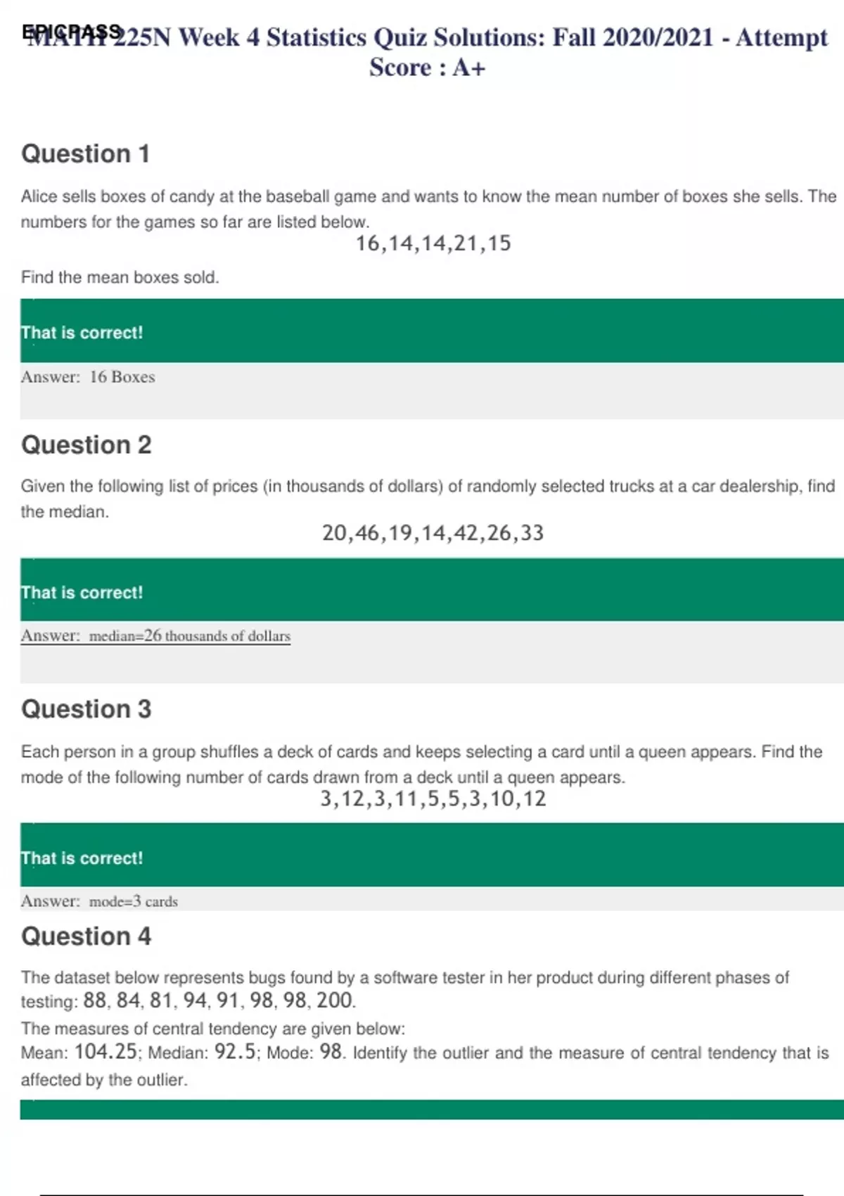 MATH 225N Week 4 Statistics Quiz Solutions: Fall 2020/2021 - Attempt Score : A+ - Math - Stuvia US