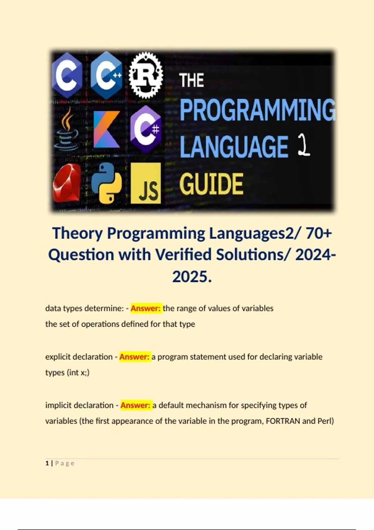 Theory Programming Languages2/ 70+ Question with Verified Solutions/ . - Theory Programming ...