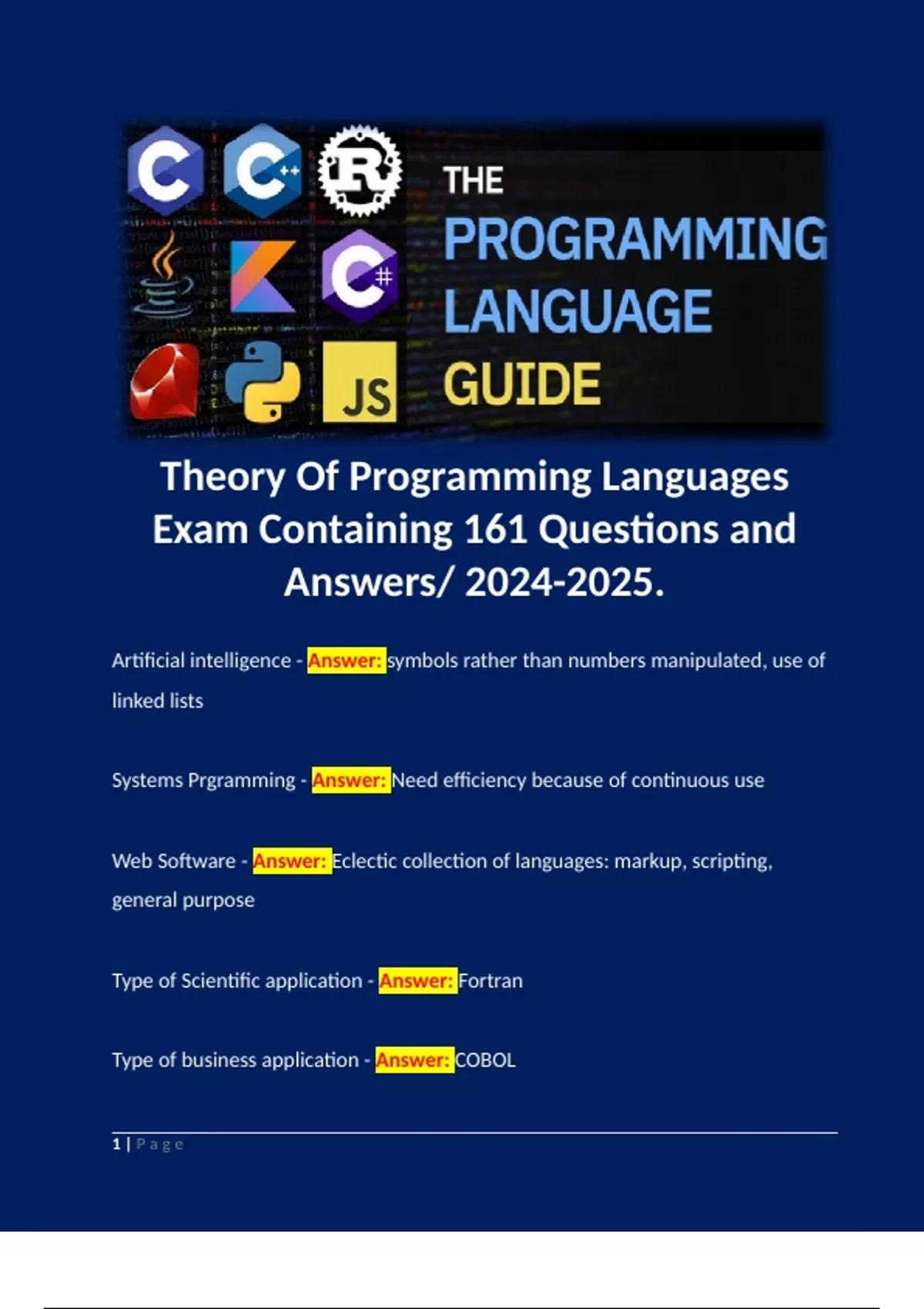 Theory Of Programming Languages Exam Containing 161 Questions and Answers/ . - Theory Of ...