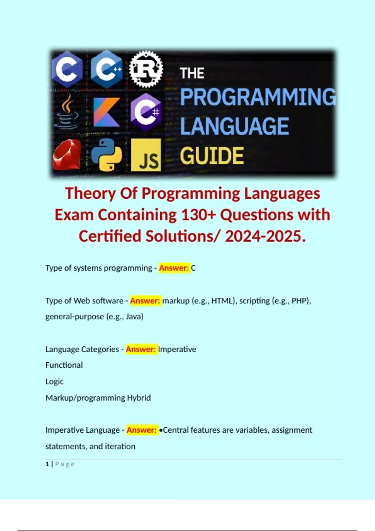 Theory Of Programming Languages Exam Containing 130+ Questions with Certified Solutions ...