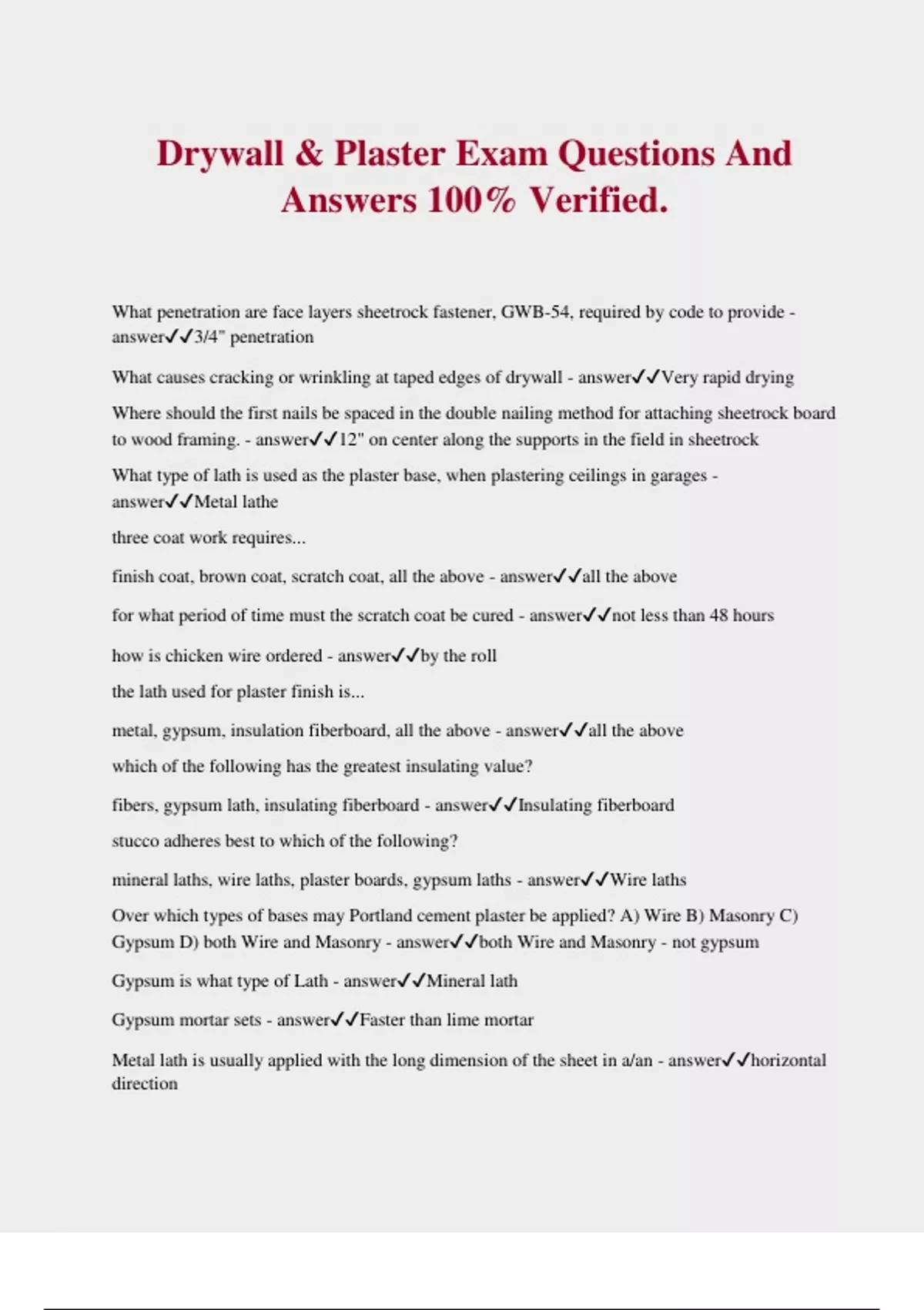 Drywall & Plaster Exam Questions And Answers 100% Verified. - Drywall ...