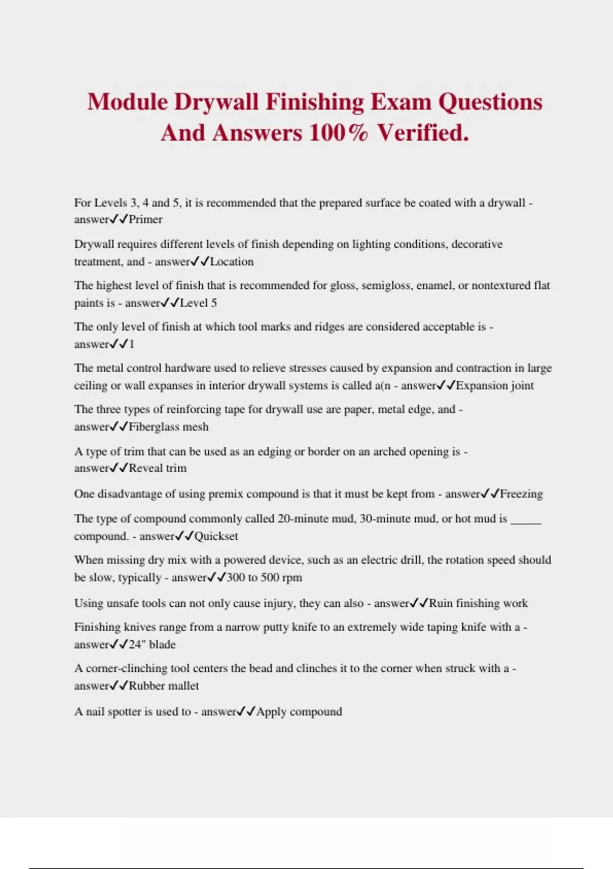 Module Drywall Finishing Exam Questions And Answers 100% Verified ...