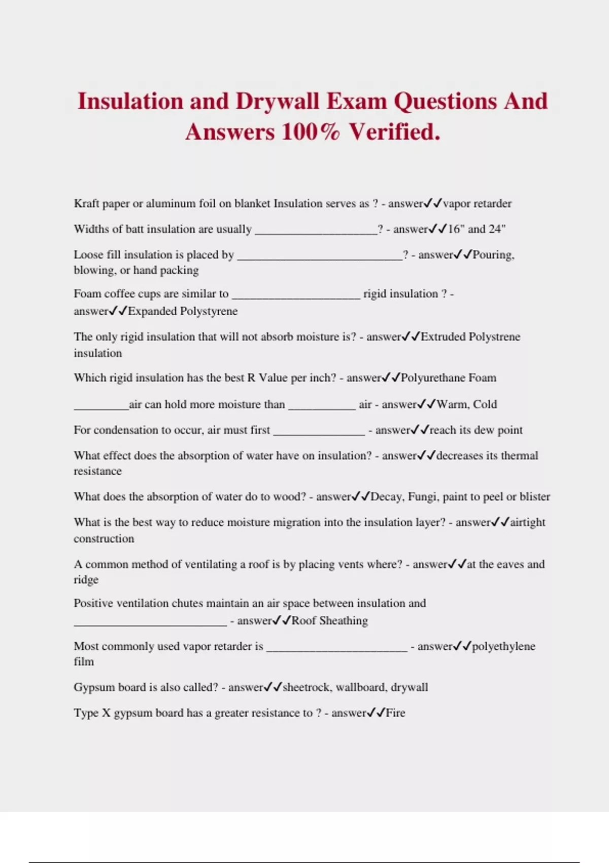 Insulation and Drywall Exam Questions And Answers 100% Verified. - Drywall - Stuvia US