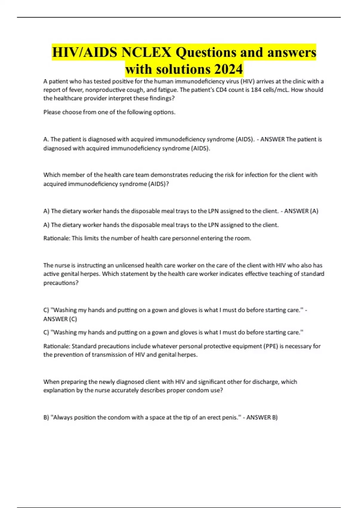 HIV/AIDS NCLEX Questions and answers with solutions 2024 - Hancb ...