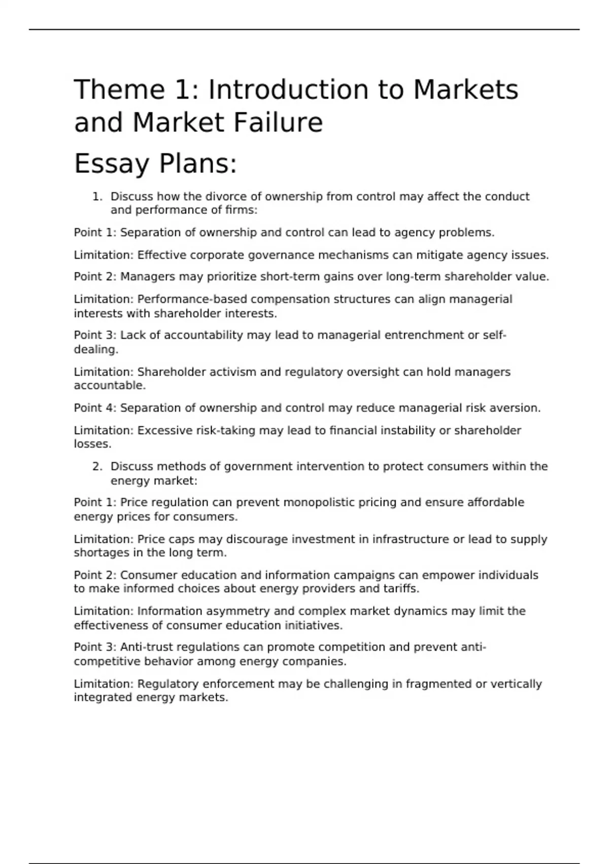 Summary A-level Economics Edexcel A Theme 1: Introduction to Markets ...