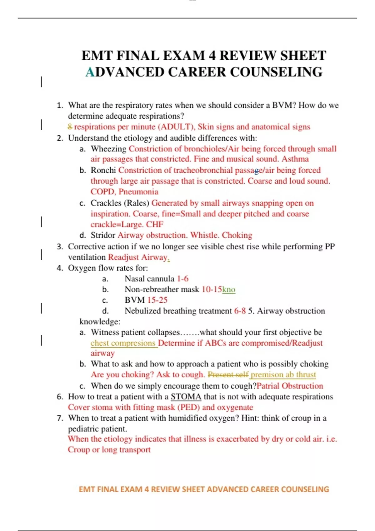 EMT FINAL EXAM 4 REVIEW SHEET ADVANCED CAREER COUNSELING. - EMT Course ...
