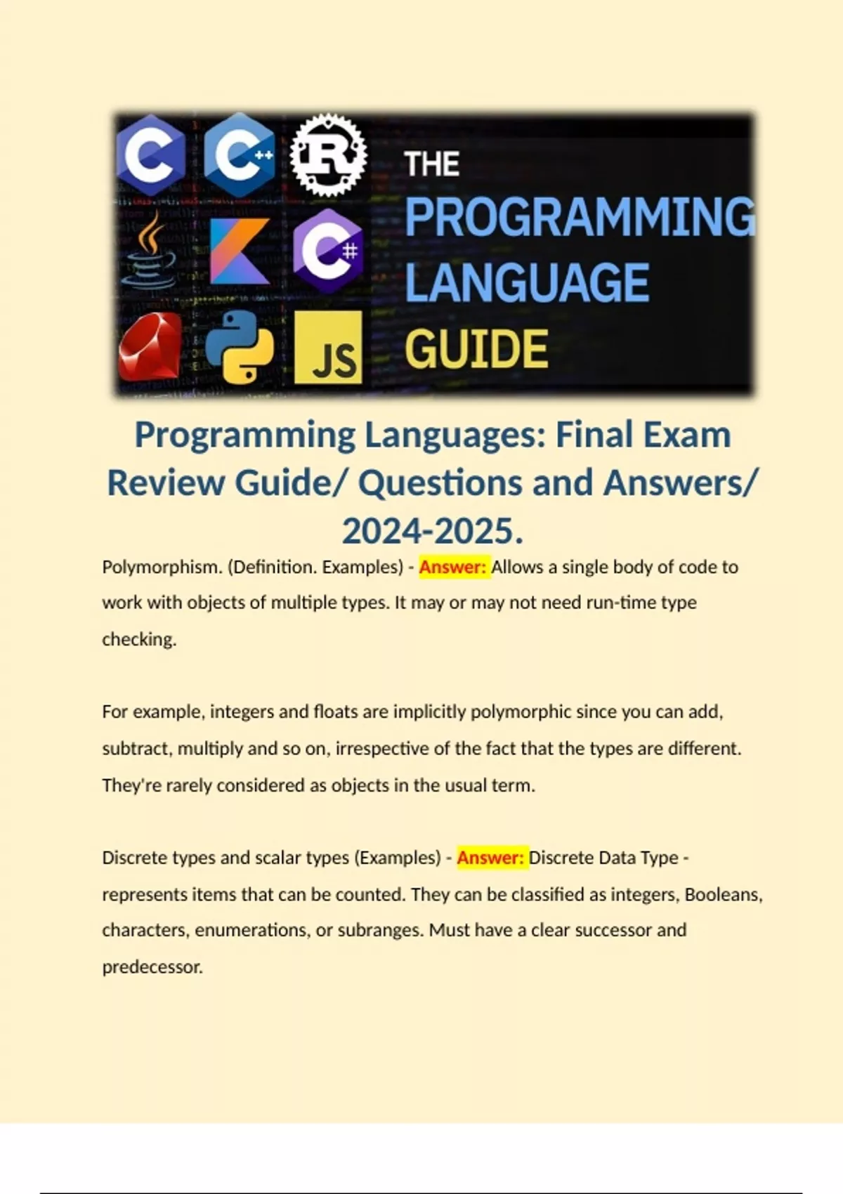 Programming Languages: Final Exam Review Guide/ Questions and Answers/ . - Programming Languages ...