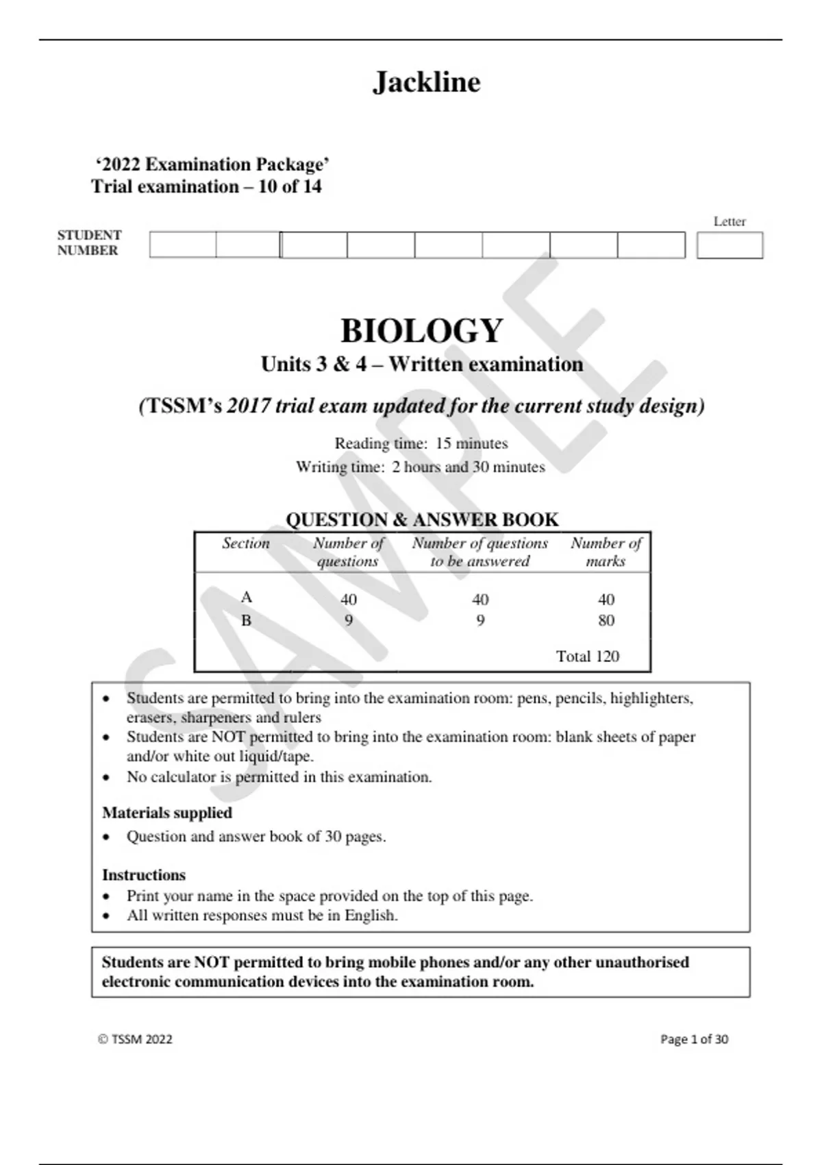 BIOLOGY Units 3 & 4 – Written examination TSSM’s 2017 trial exam ...