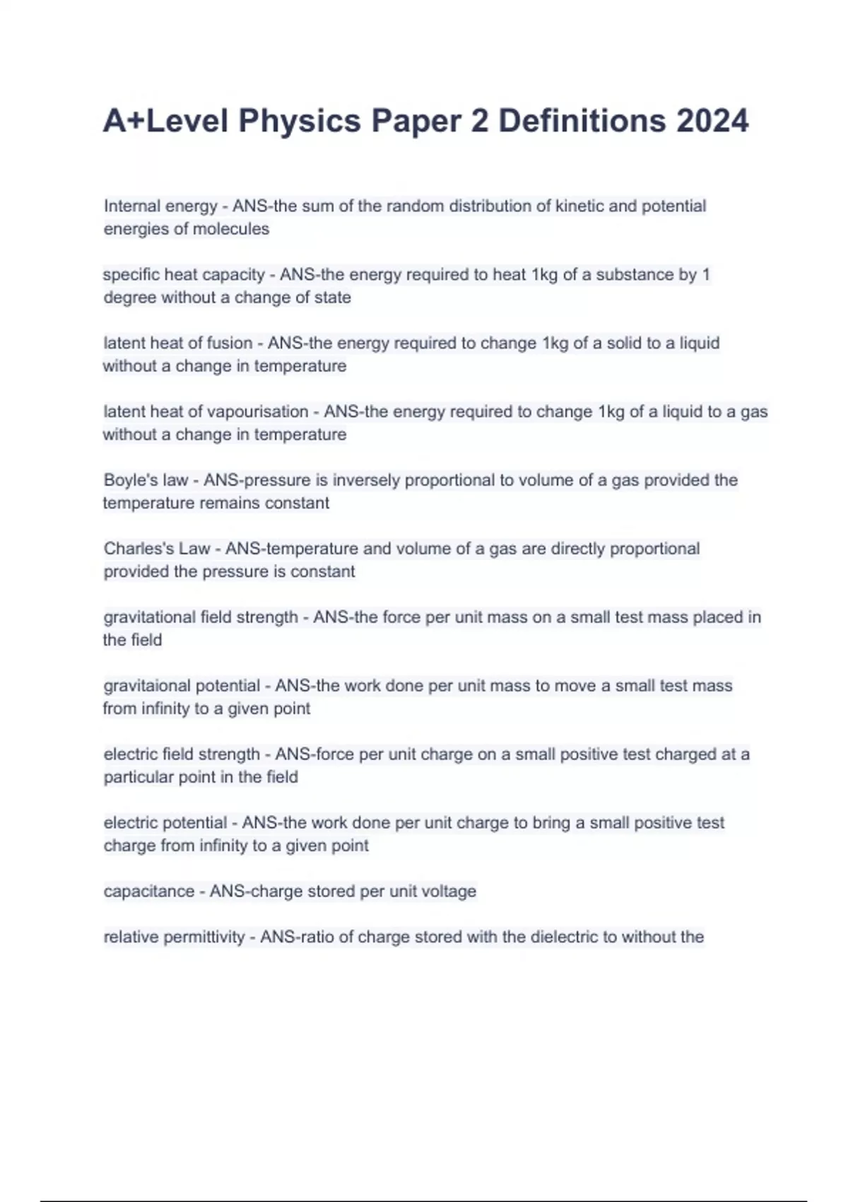 A+Level Physics Paper 2 Definitions 2024 - AQA GCSE Physics - - Stuvia US