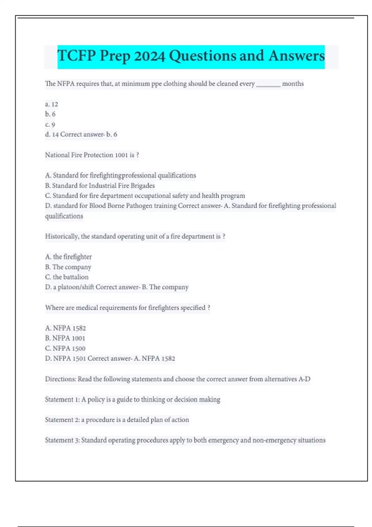 Tcfp HazMat Operations Possible 2024 Questions and Answers TCFP & GFD ...