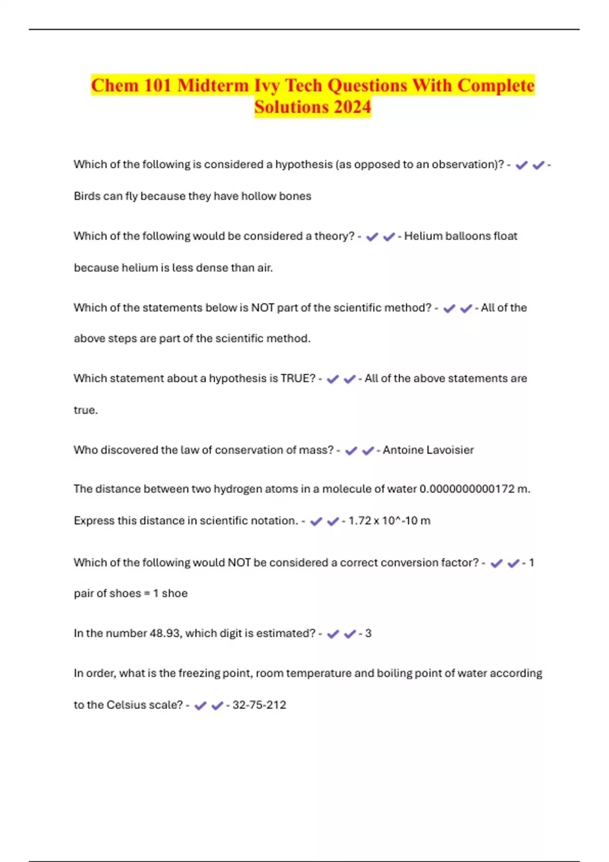 Chem 101 Midterm Ivy Tech Questions With Complete Solutions 2024 - Chem 101 - Stuvia US