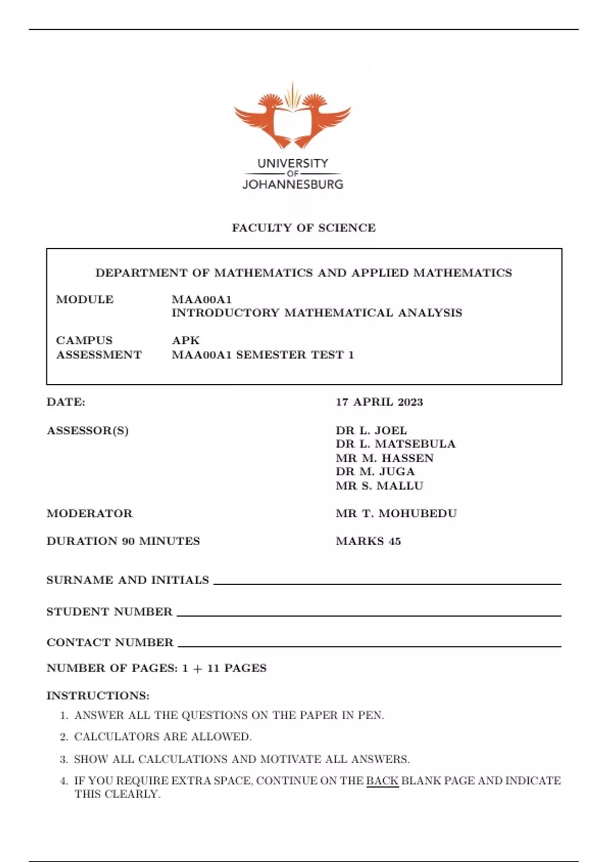 Introductory Mathematical Analysis A Semester Test 1 MEMO 2023 ...