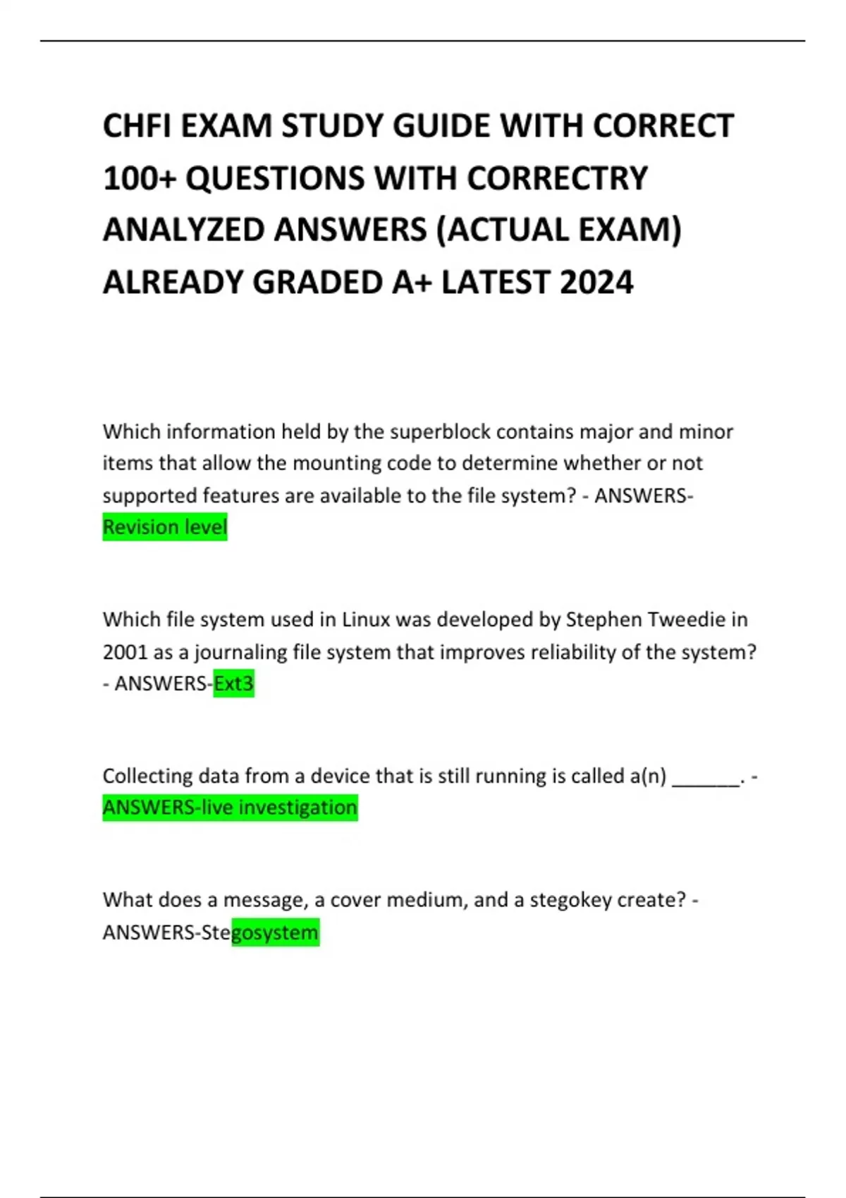 CHFI EXAM STUDY GUIDE WITH CORRECT 100+ QUESTIONS WITH CORRECTRY ANALYZED ANSWERS (ACTUAL EXAM ...