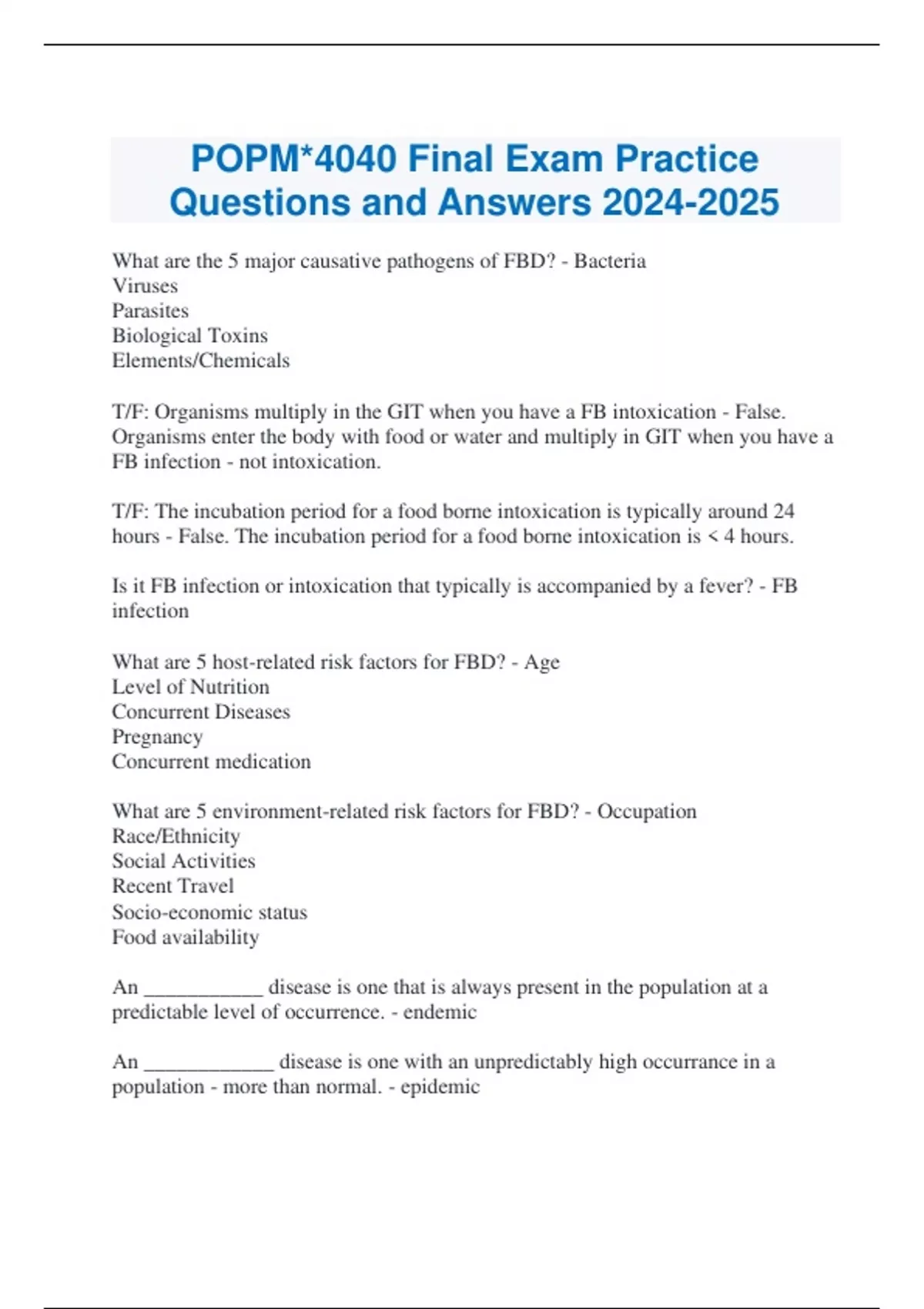 POPM*4040 Final Exam Practice Questions and Answers - POPM. - Stuvia US