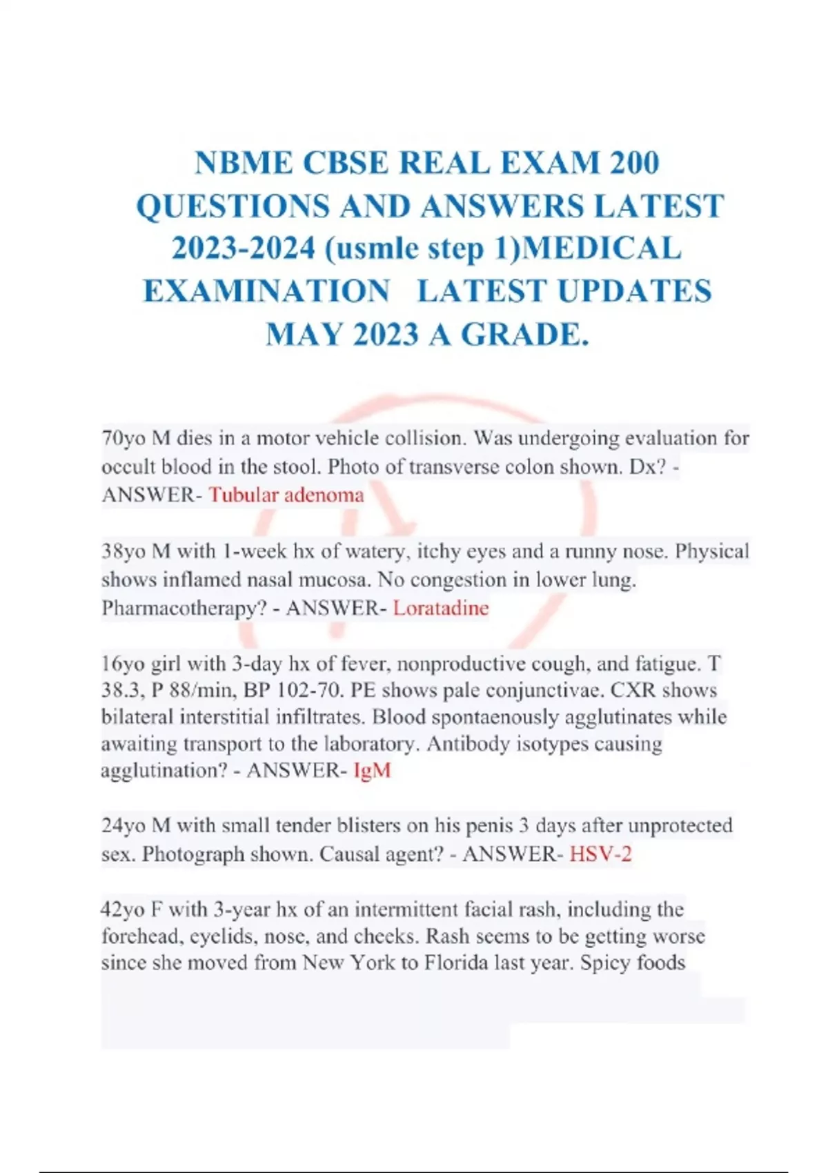 NBME CBSE REAL EXAM 200 QUESTIONS AND ANSWERS LATEST 2024 (usmle step 1 ...