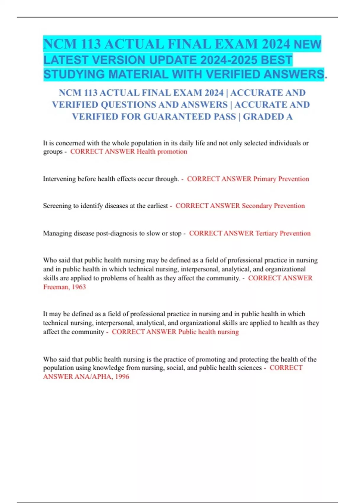 NCM 113 ACTUAL FINAL EXAM 2024 NEW LATEST VERSION UPDATE BEST STUDYING ...