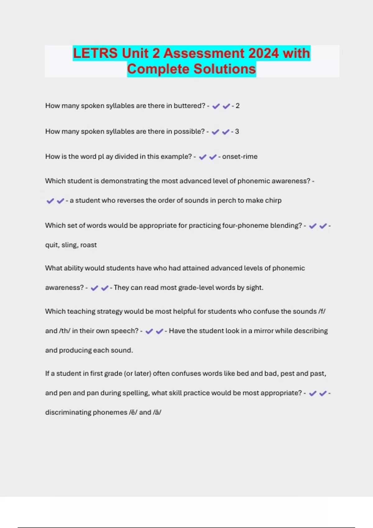 LETRS Unit 2 Assessment 2024 with Complete Solutions - LETRS Unit 2 ...