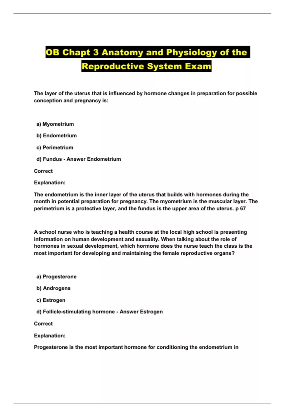 OB Chapt 3 Anatomy and Physiology of the Reproductive System Exam - OB ...