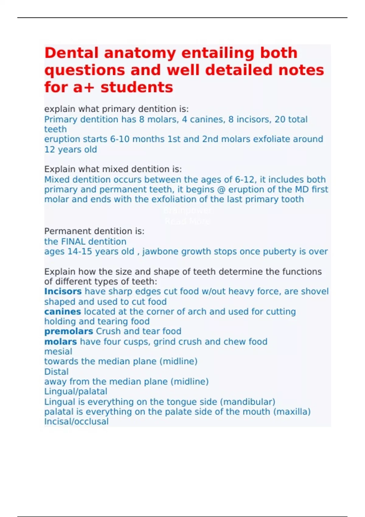 Dental anatomy entailing both questions and well detailed notes for A+ ...