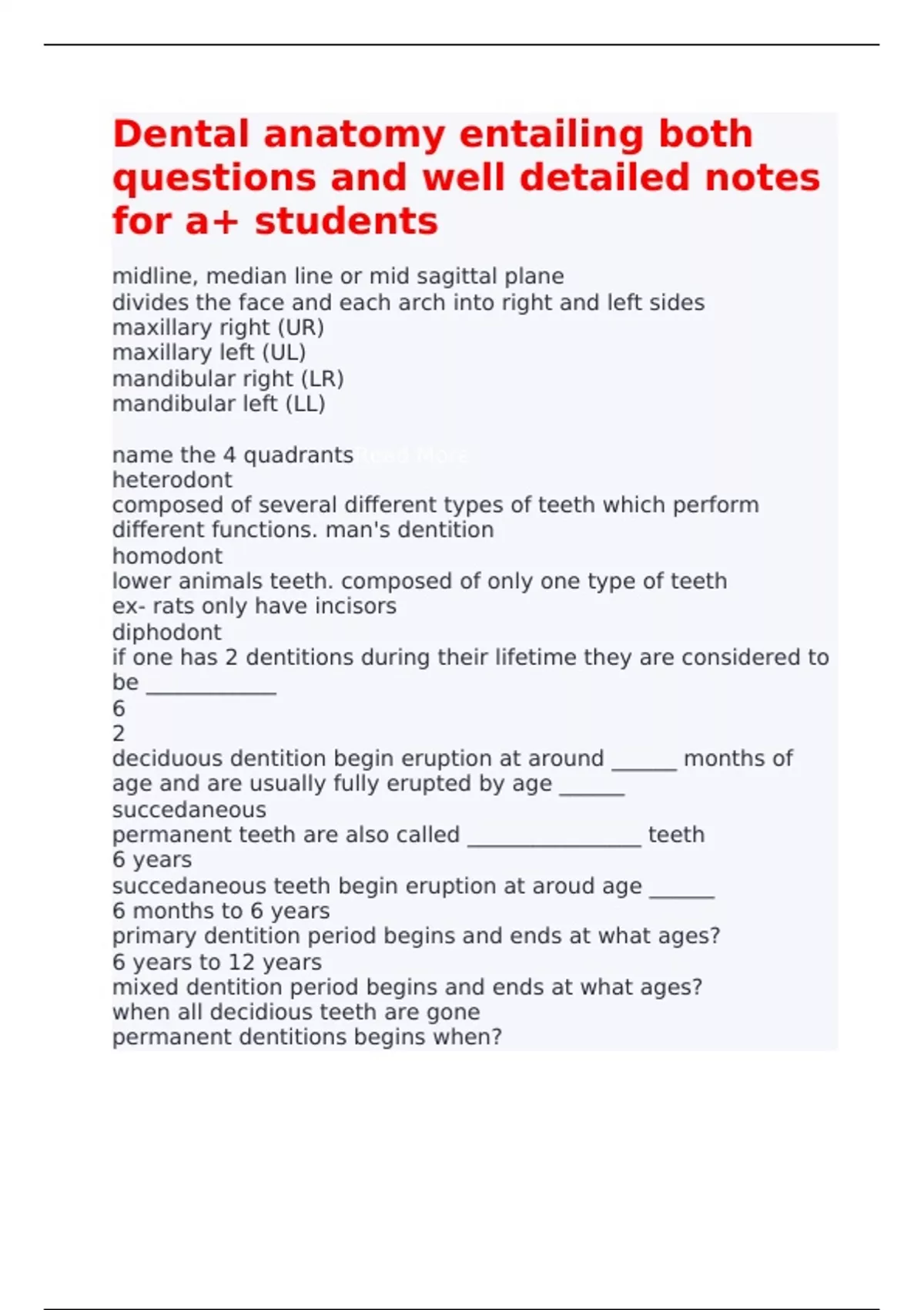 Dental anatomy entailing both questions and well detailed notes for A+ ...