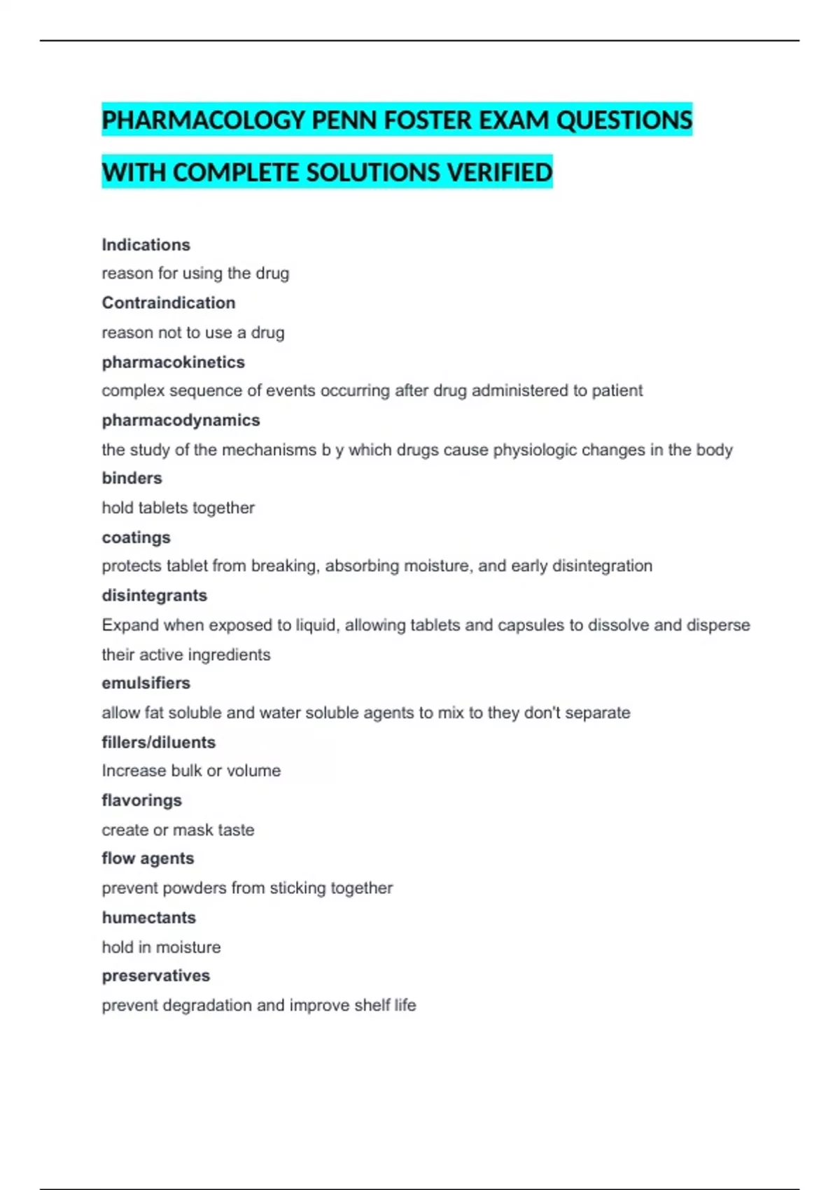 PHARMACOLOGY PENN FOSTER EXAM QUESTIONS WITH COMPLETE SOLUTIONS ...