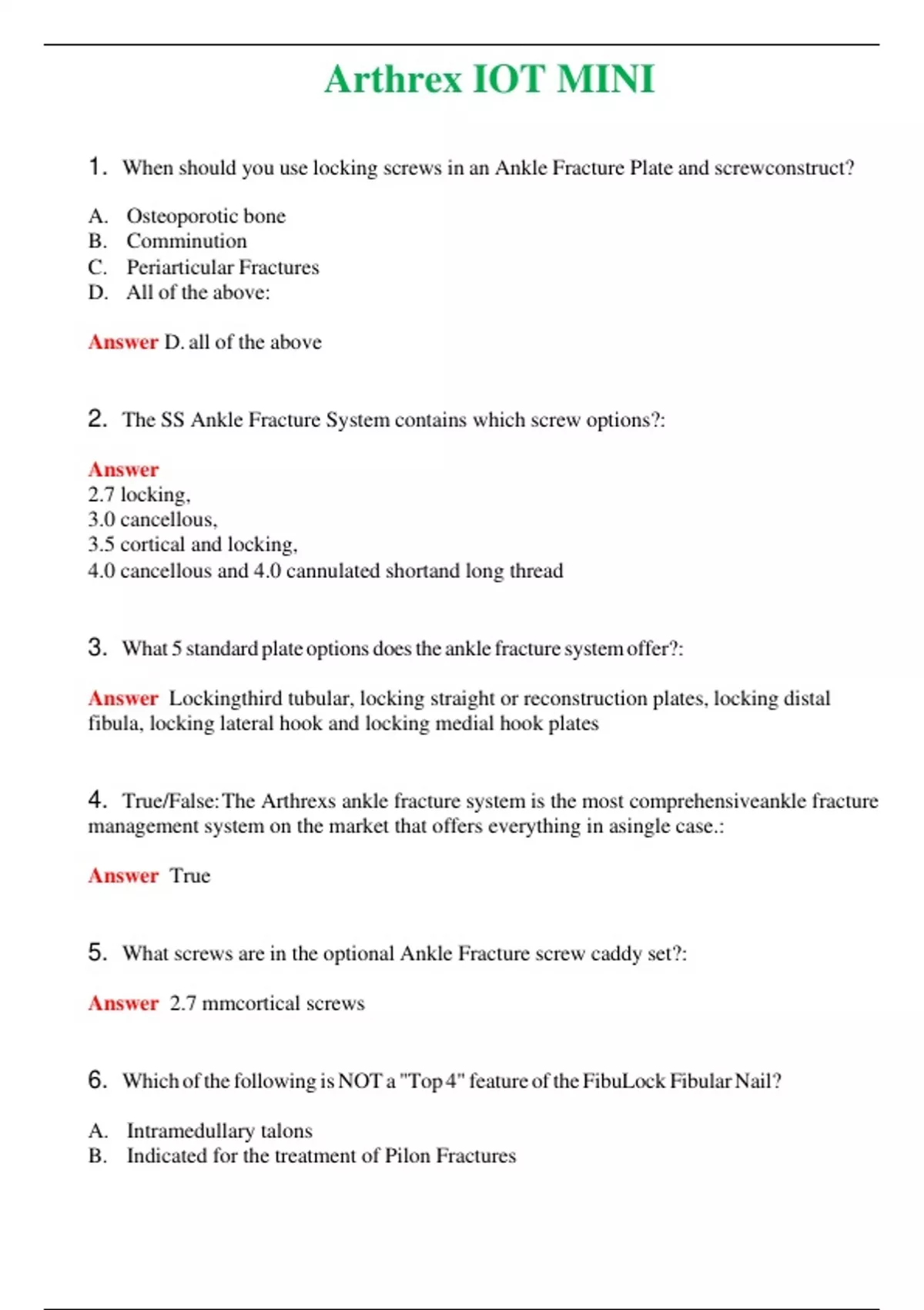 Arthrex IOT MINI (Latest 2024) Questions With Complete Grade A+ Answers ...
