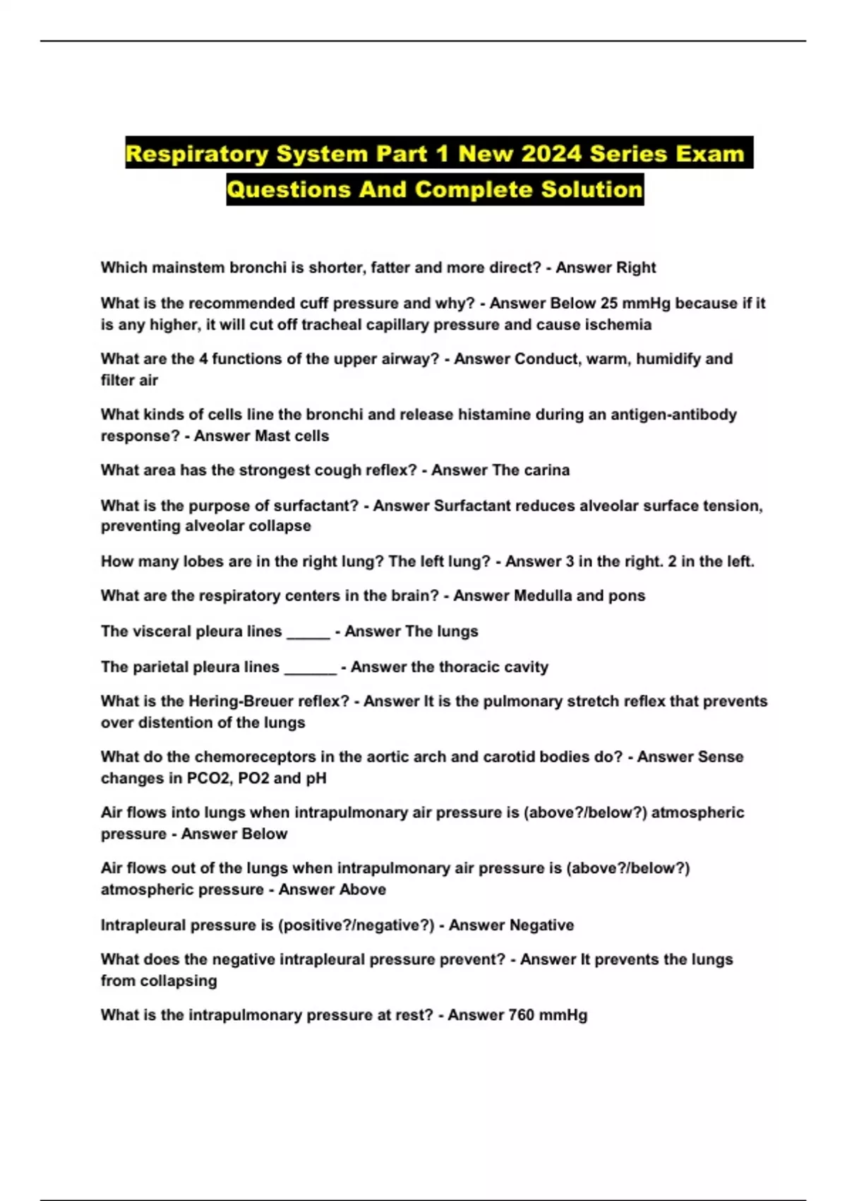 Respiratory System Part 1 New 2024 Series Exam Questions And Complete ...