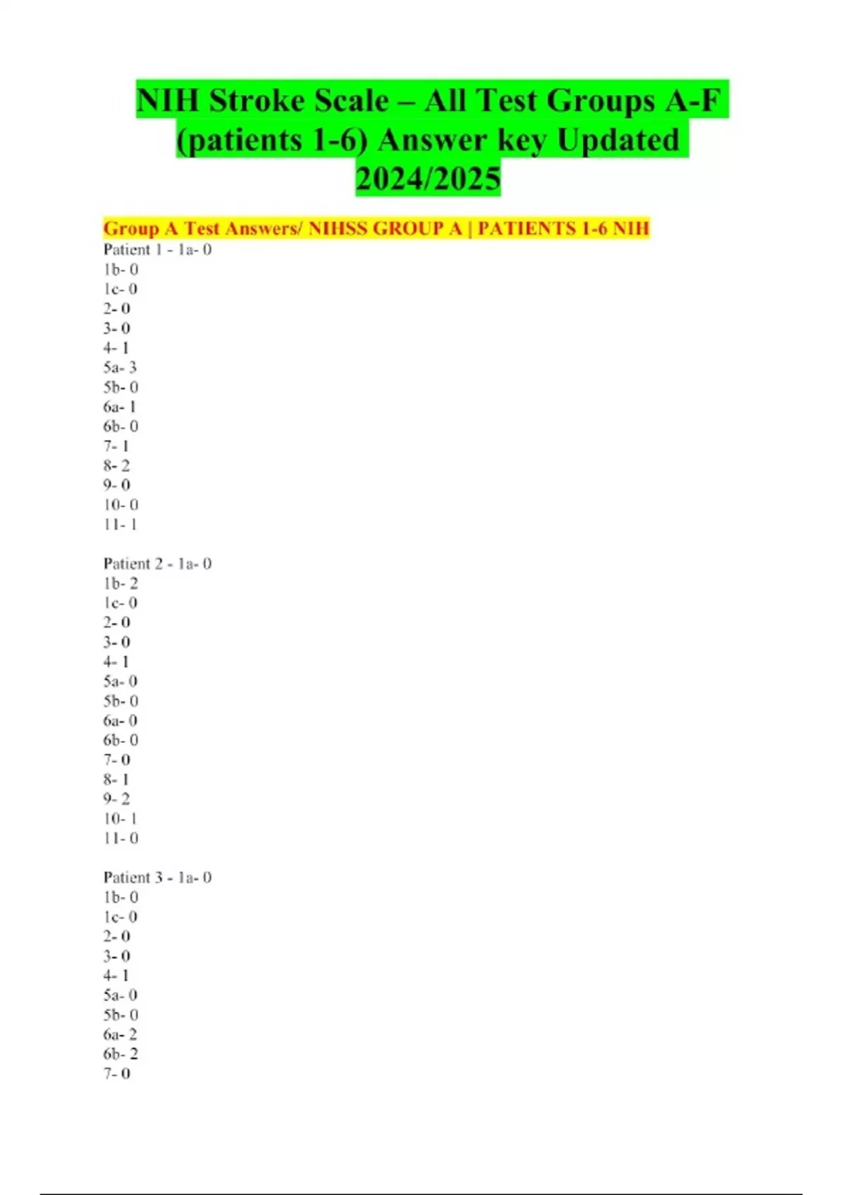 NIH Stroke Scale – All Test Groups A-F (patients 1-6) Answer key ...