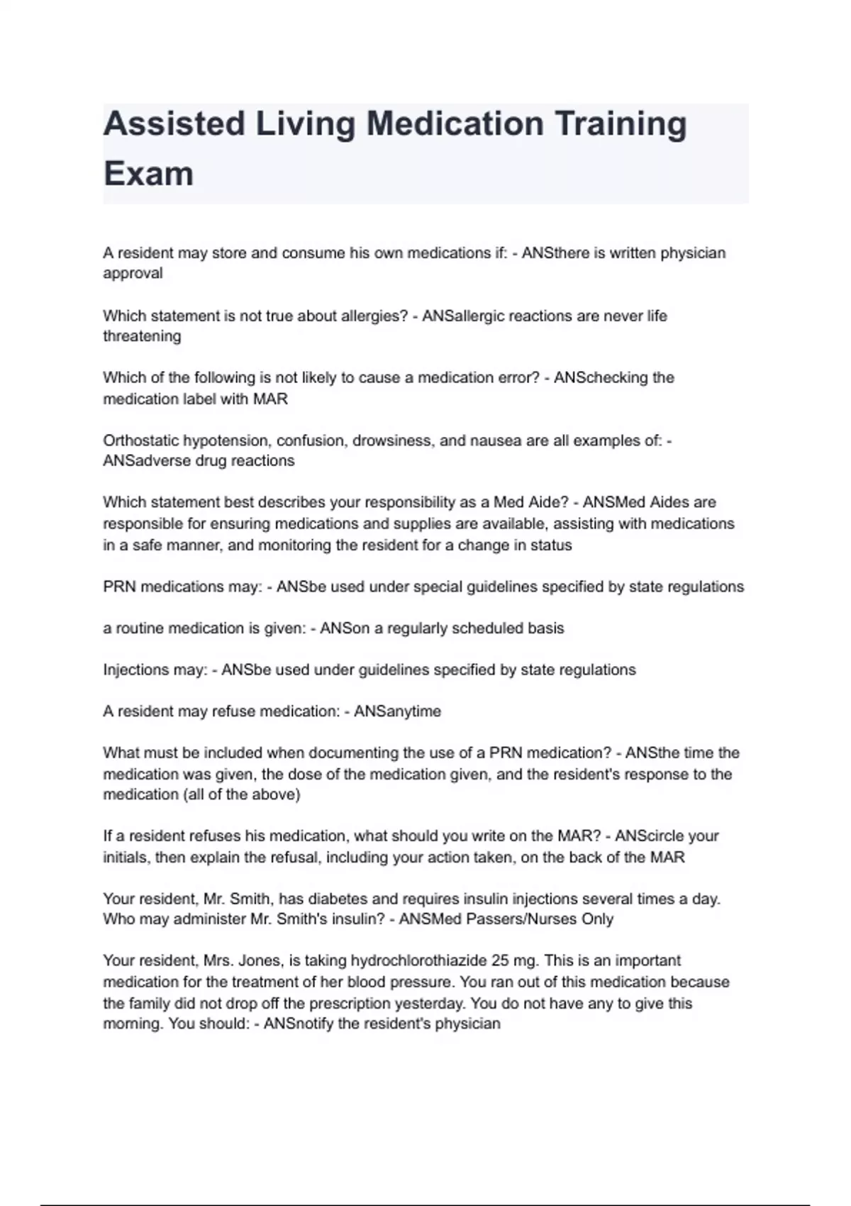 Assisted Living Medication Training Exam (2024 / 2025) Questions and ...