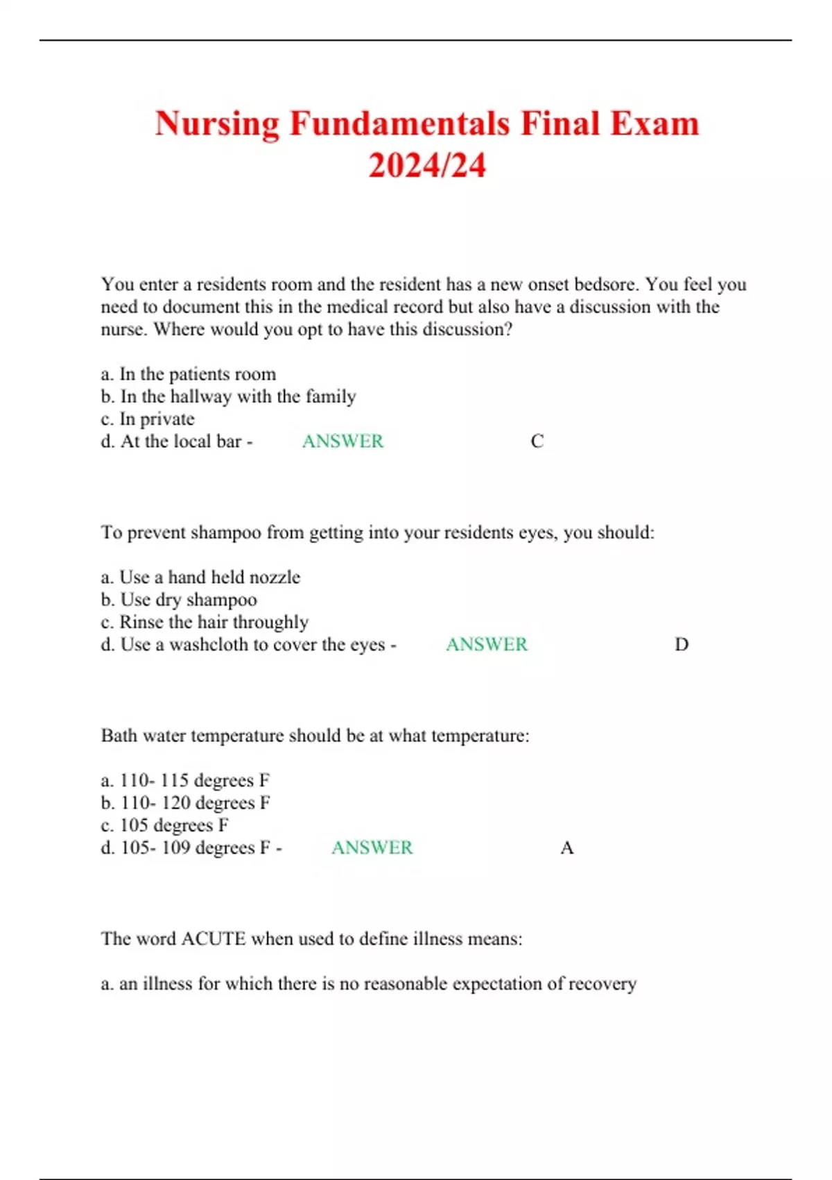 Nursing Fundamentals Final Exam 2024/24 - Fundamentals of Nursing ...