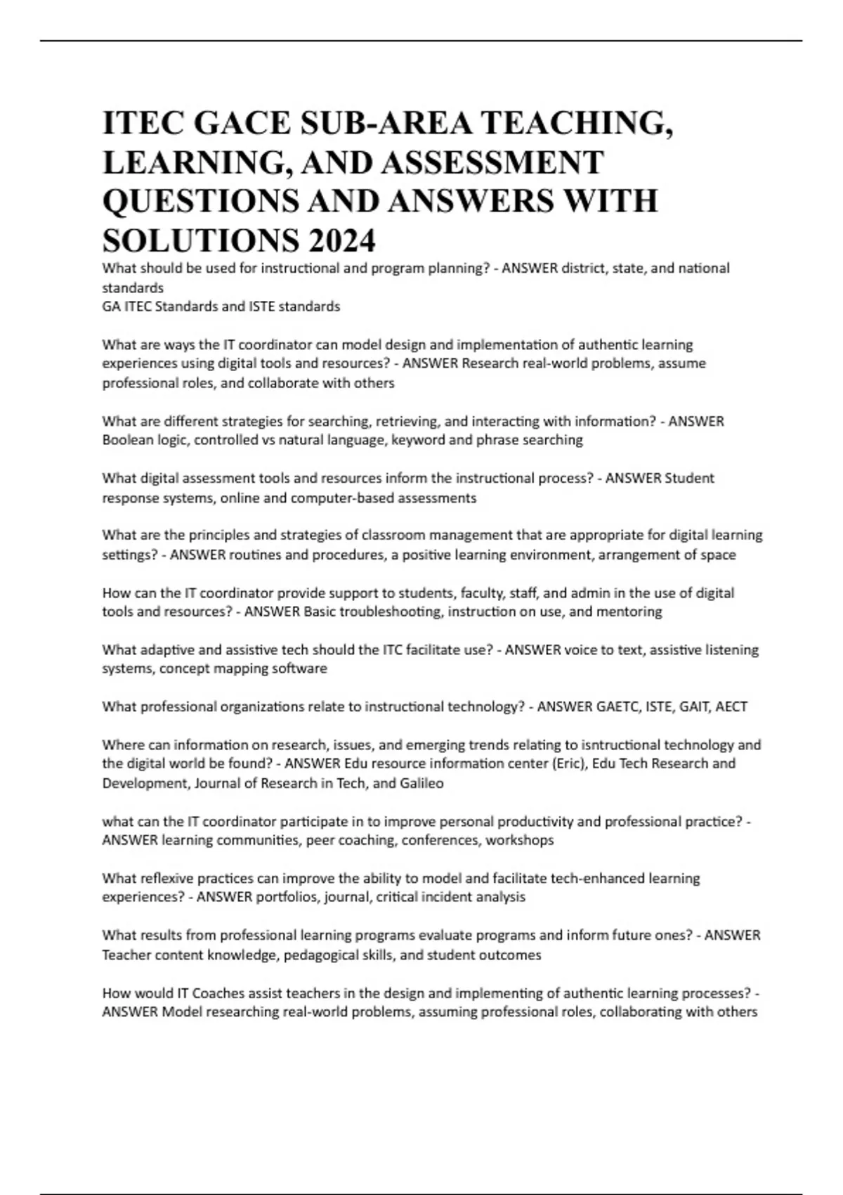ITEC GACE SUB-AREA TEACHING, LEARNING, AND ASSESSMENT QUESTIONS AND ...