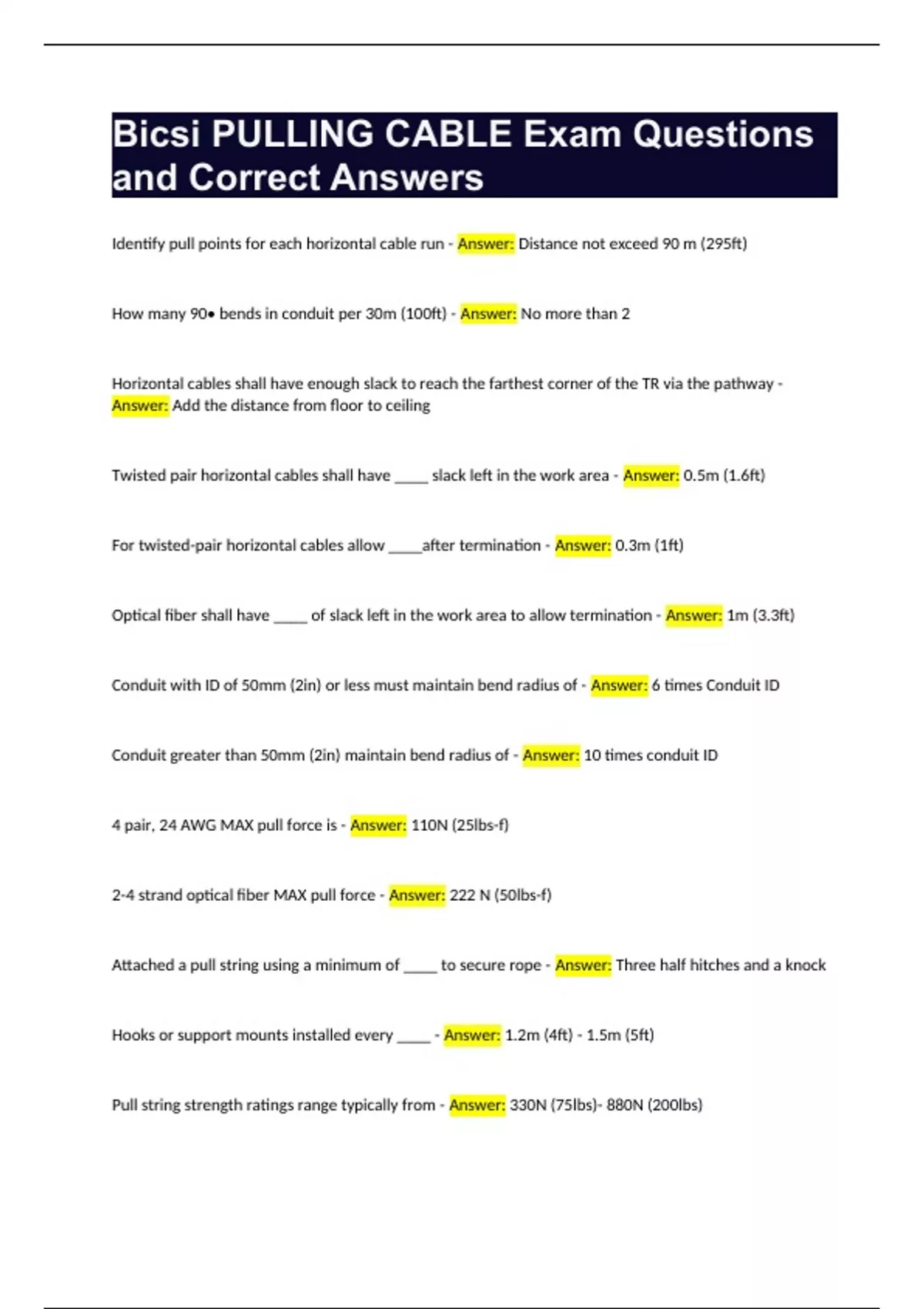 Bicsi PULLING CABLE Exam Questions and Correct Answers - BICSI ...