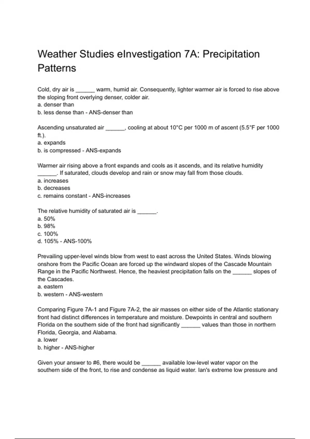 Weather Studies eInvestigation 7A Precipitation Patterns Questions with ...