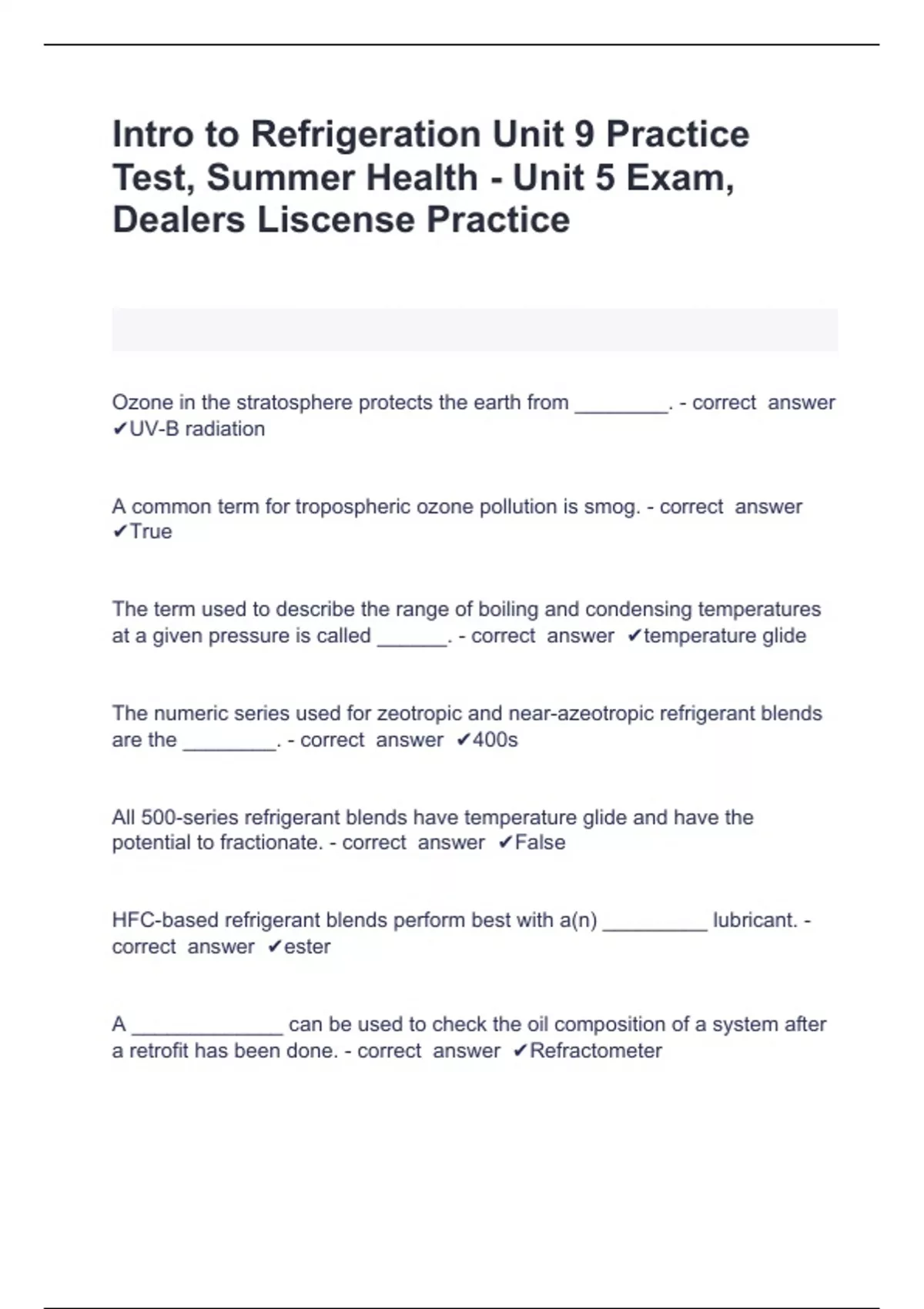 Intro to Refrigeration Unit 9 Practice Test Question and answers 100% ...