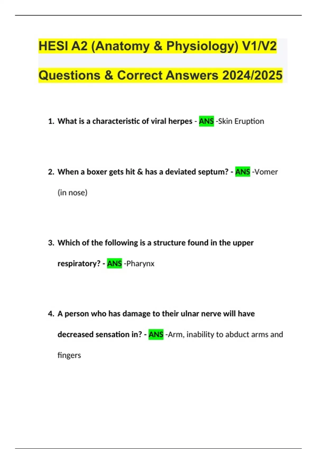 HESI A2 (Anatomy & Physiology) V1/V2 Questions & Correct Answers 2024/2025 - Hesi A2 - Stuvia US